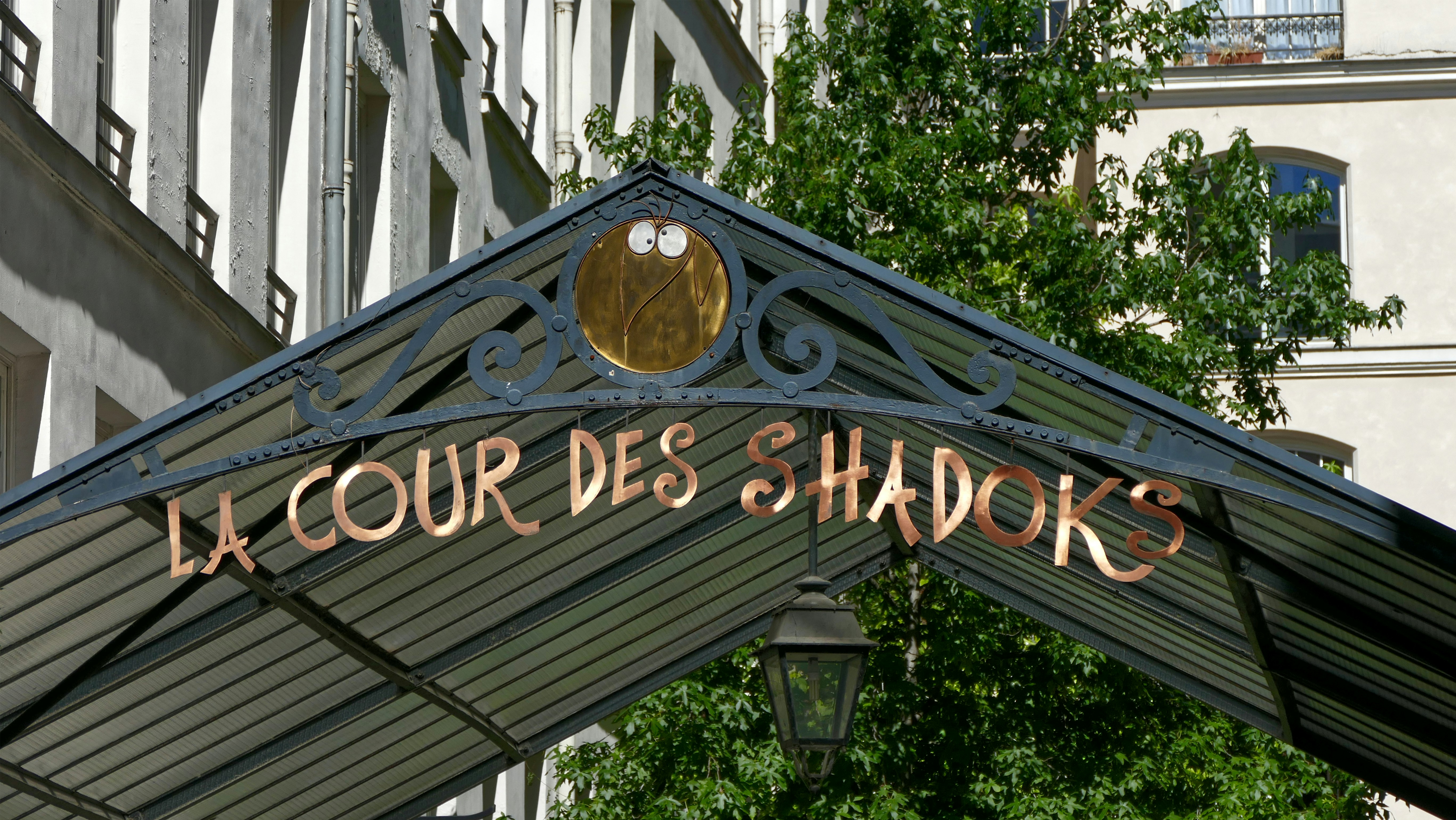 Gateway of Shadows: La Cour des Shadoks Sign Under a Serene Parisian Arcade