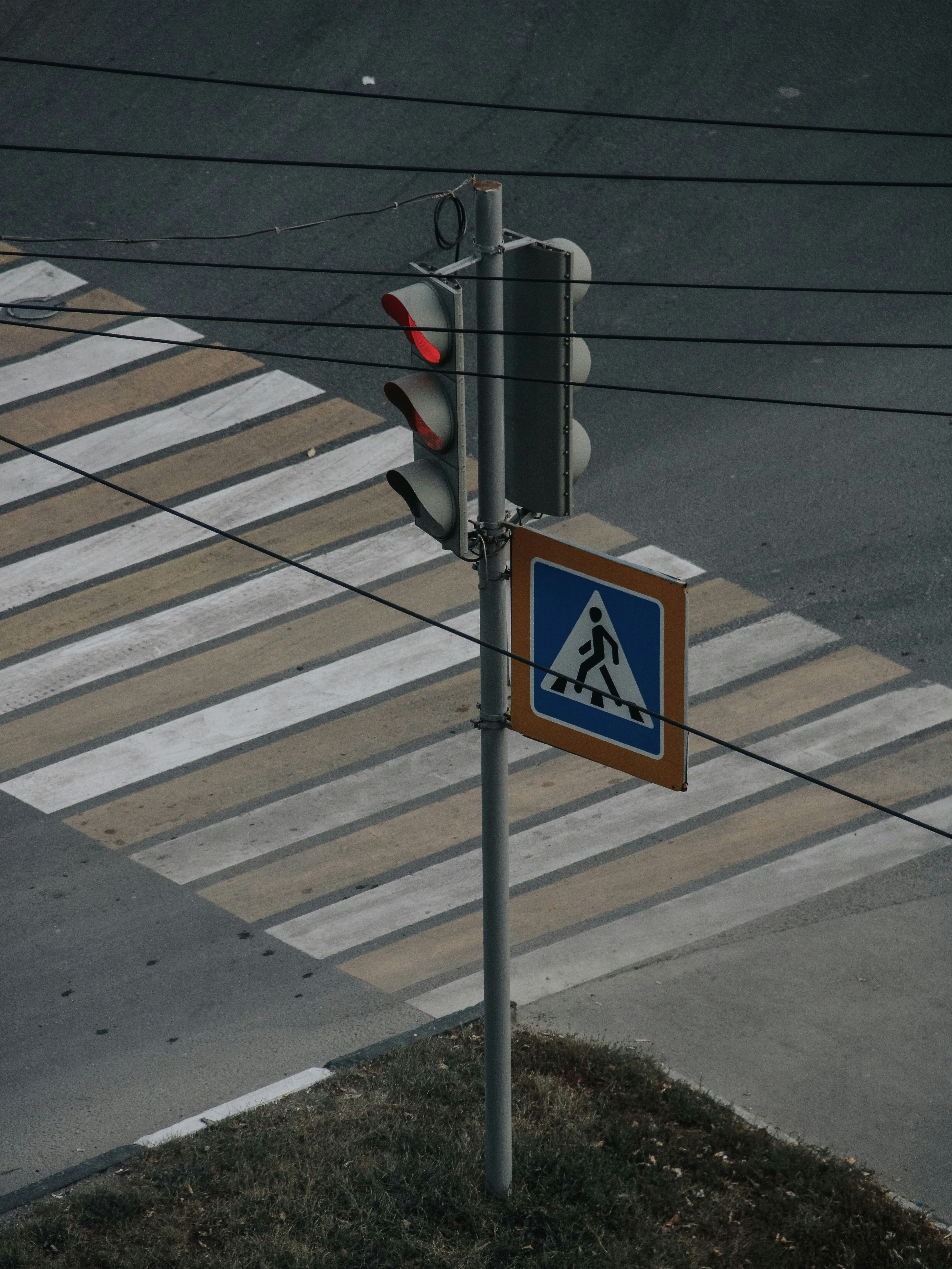 Pole Sentinel over a Striped Crossing: A Quiet Urban Geometry