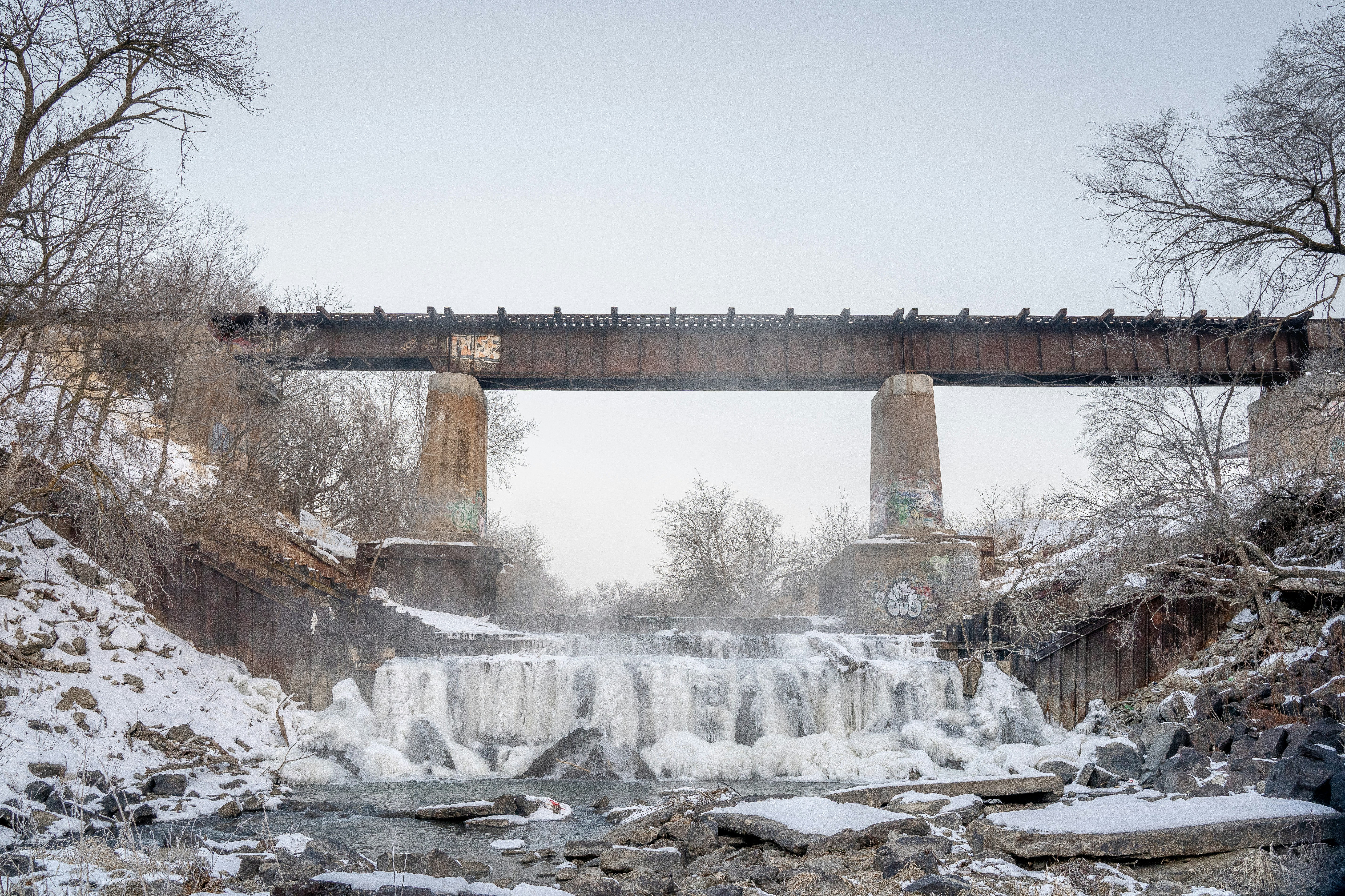 Bridge Over Icy Rapids in Winter Quiet
