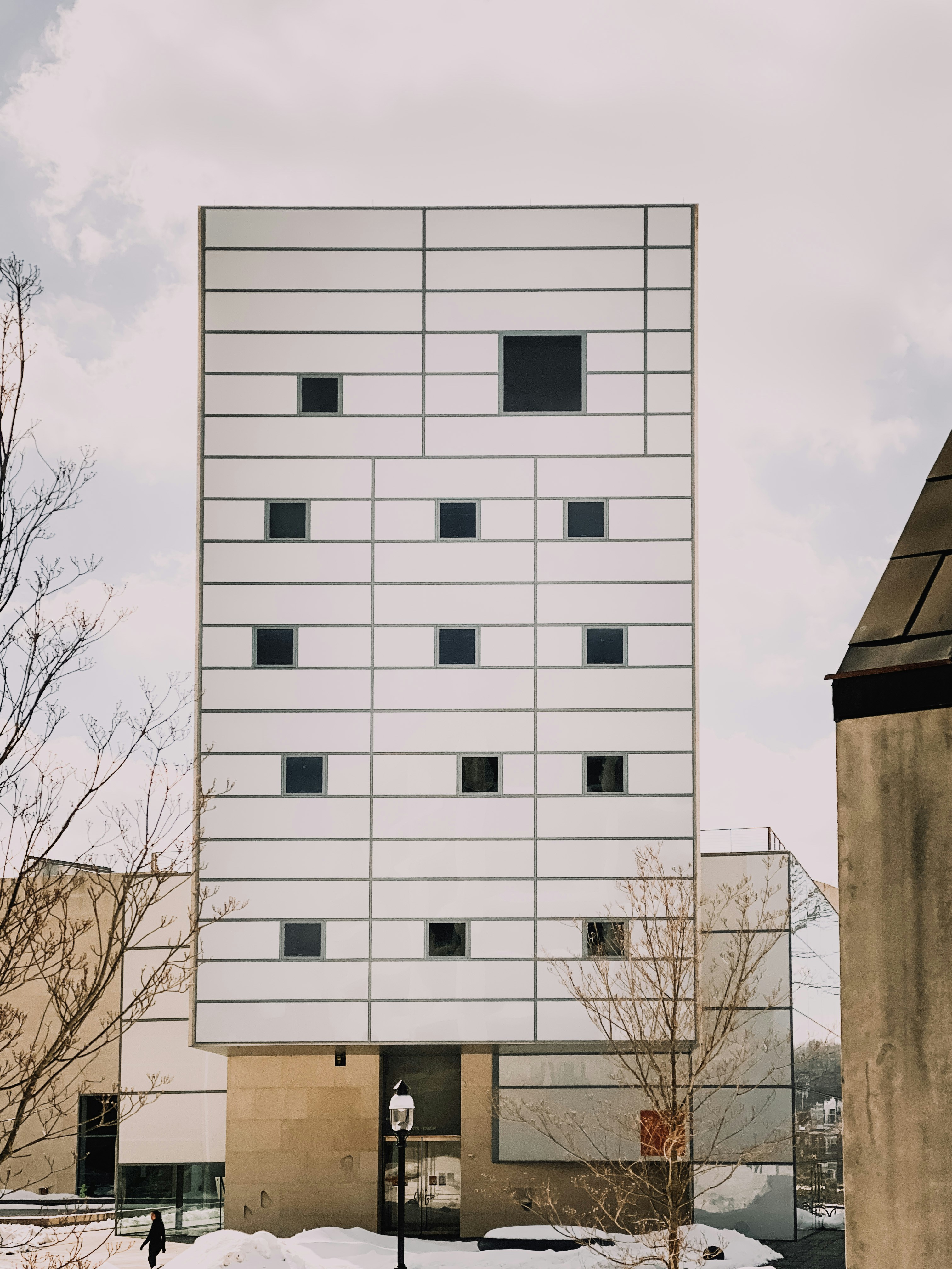 Vertical Modernism: A Rectilinear Tower Rising from Snow