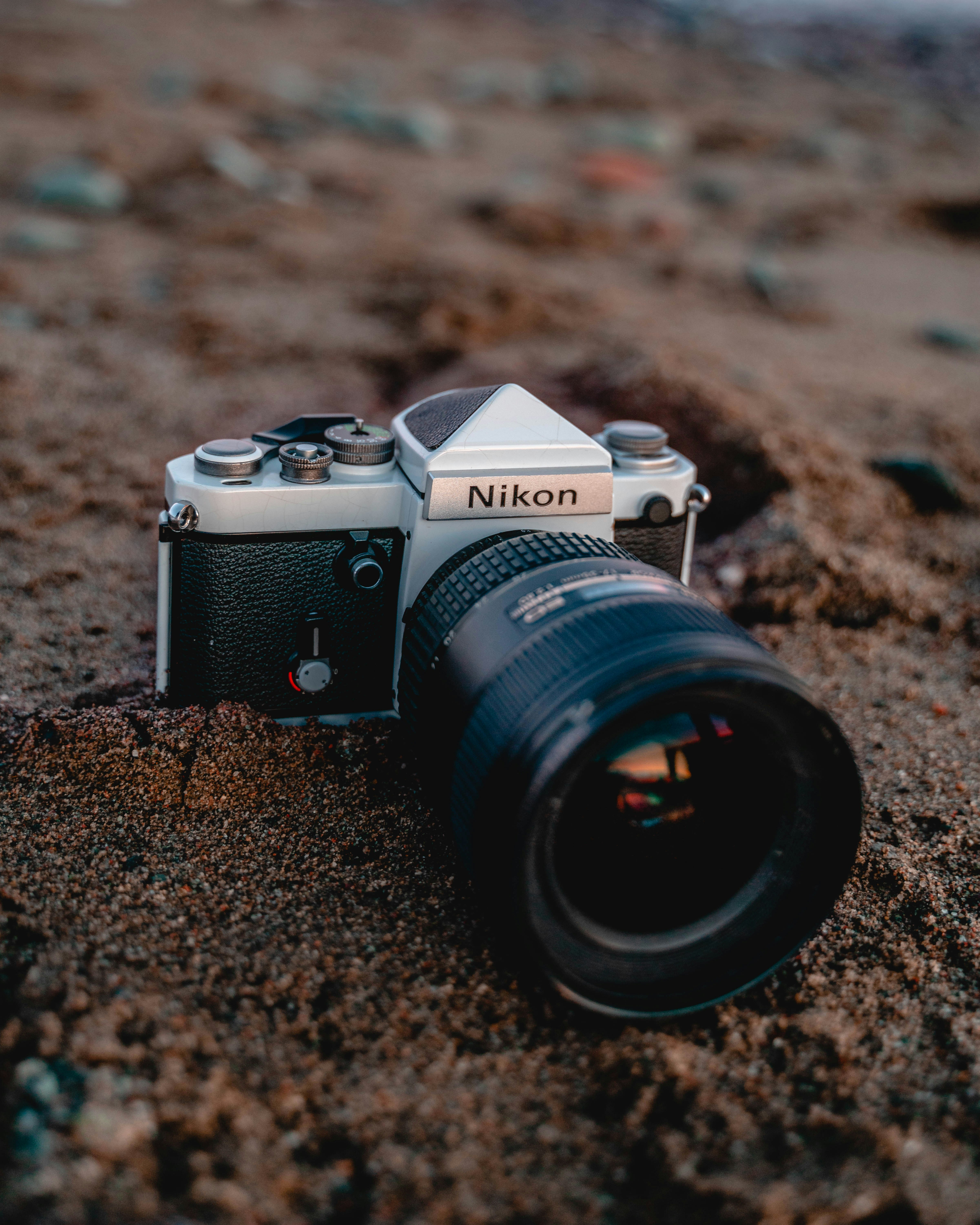Sand-Silver: A Nikon SLR Resting Among Coastal Grains