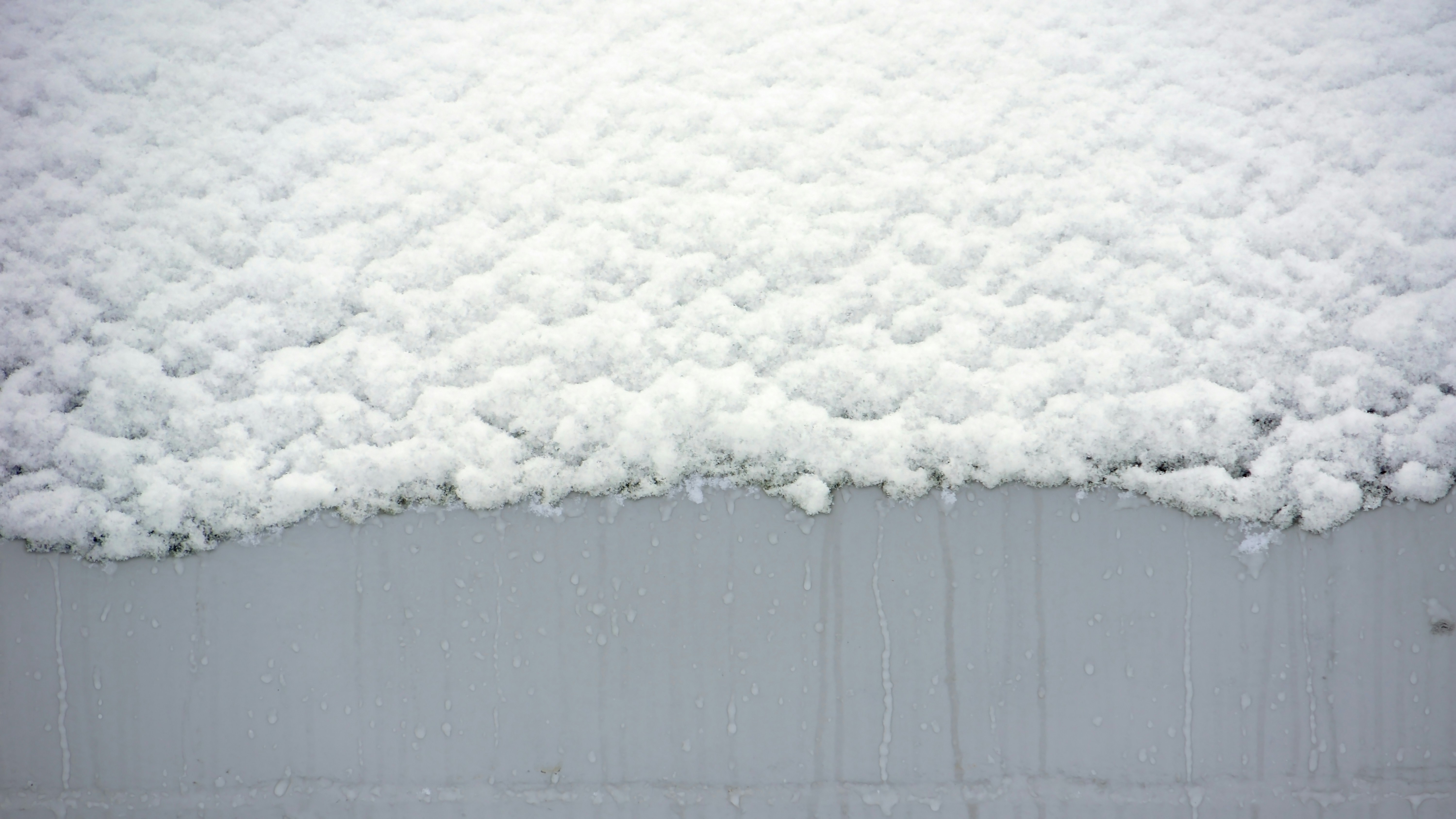 Layer of fresh snow covering a flat surface with water droplets forming underneath.