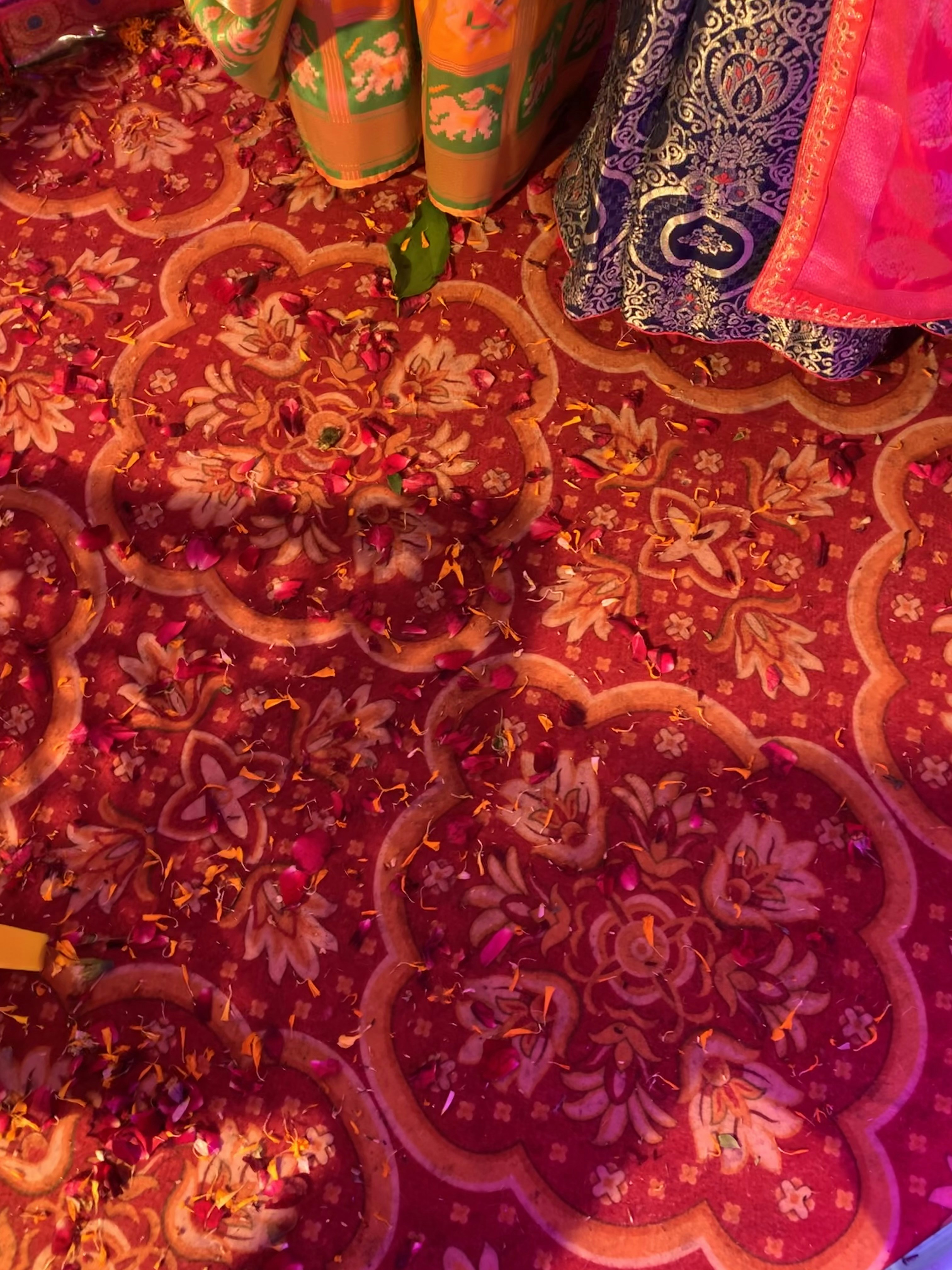 Colorful floral patterns on a vibrant rug adorned with scattered petals, evoking a festive atmosphere.