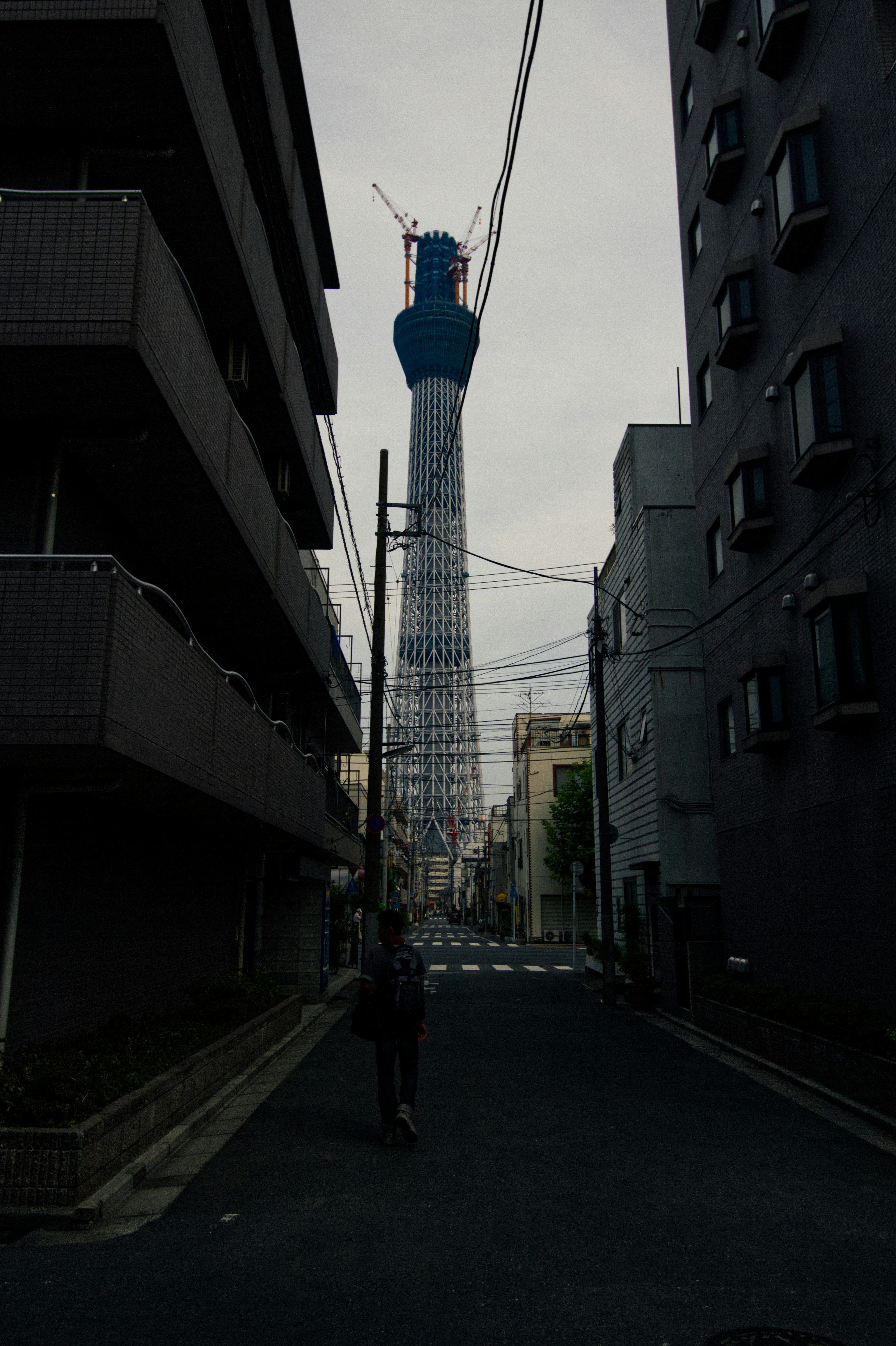 A lone figure walks down a narrow street, framed by buildings, with the towering Tokyo Skytree rising in the background under a cloudy sky.