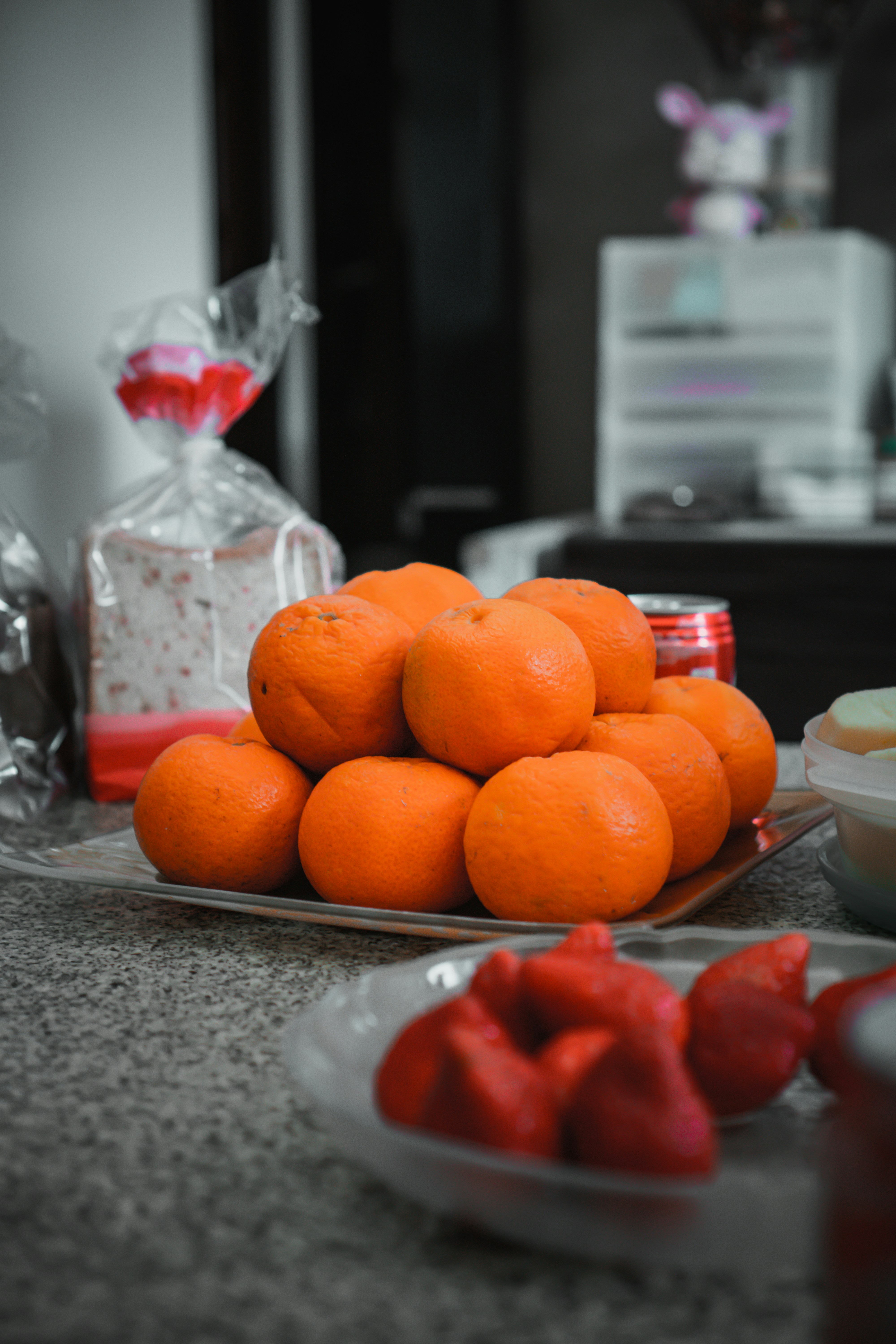 Orange Pyramid on a Quiet Kitchen Counter