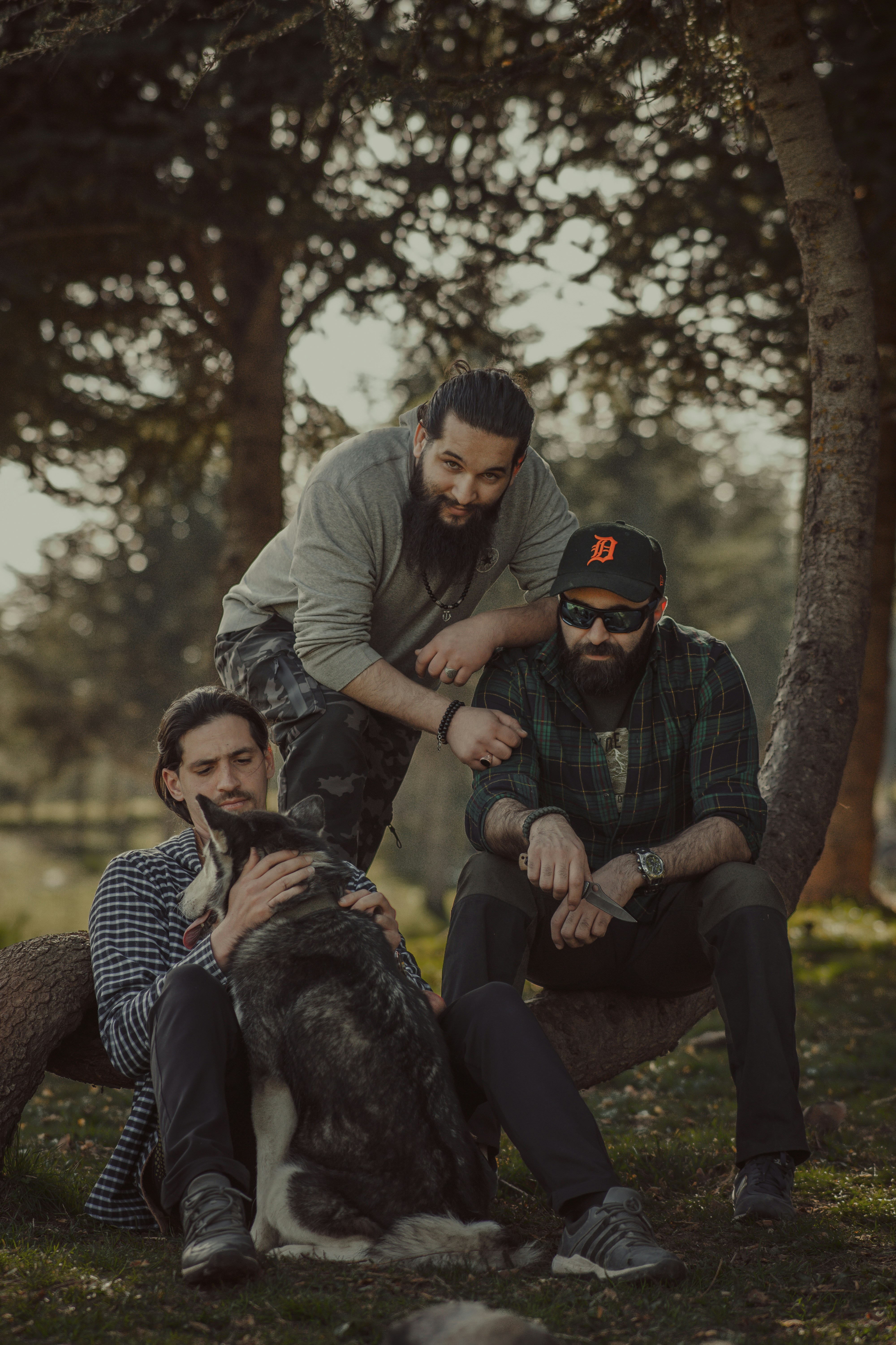 Brotherly Moment in the Park: Three Friends and a Dog
