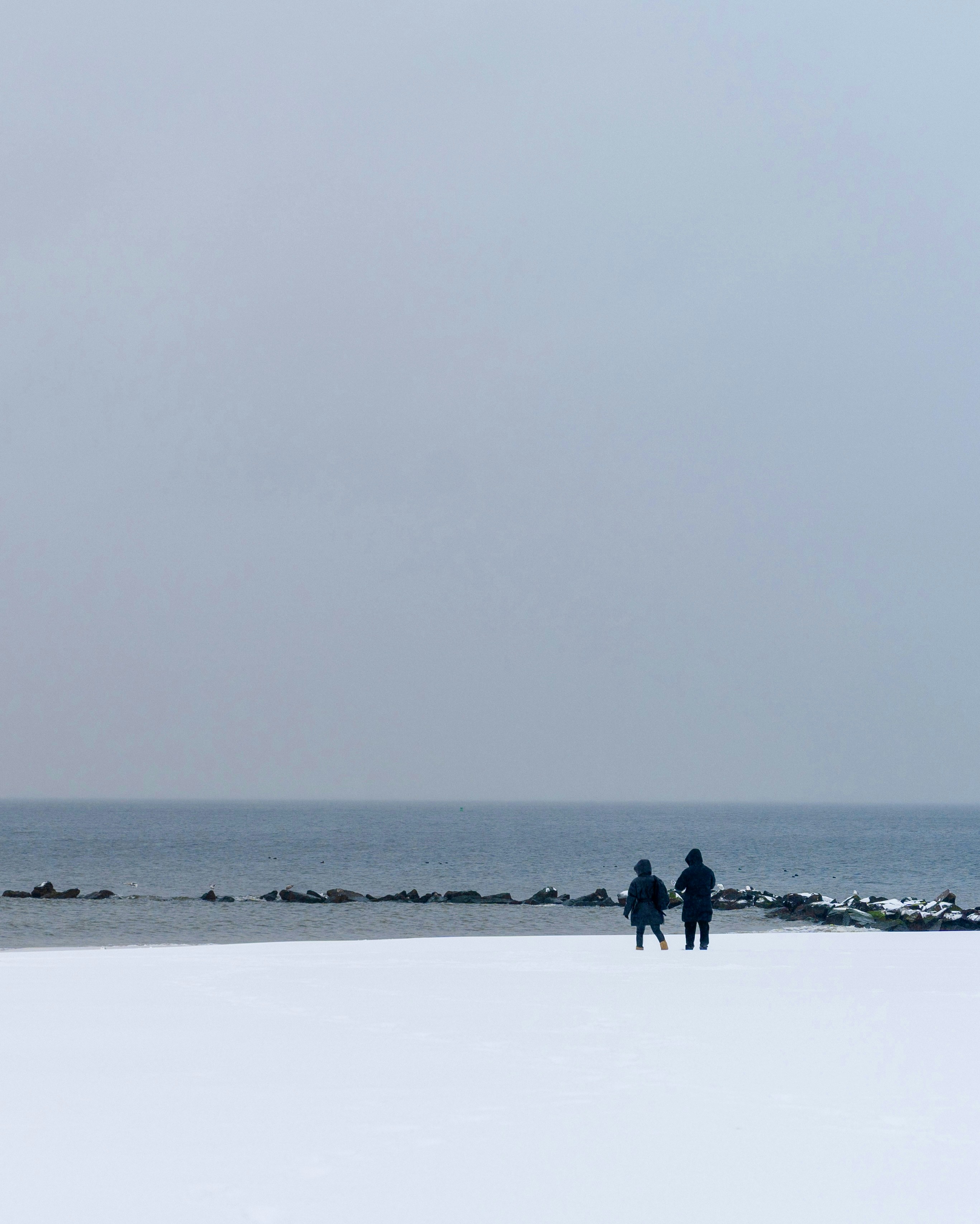 Two figures walking hand in hand across a snow-covered beach, with a calm sea and a muted sky in the background.