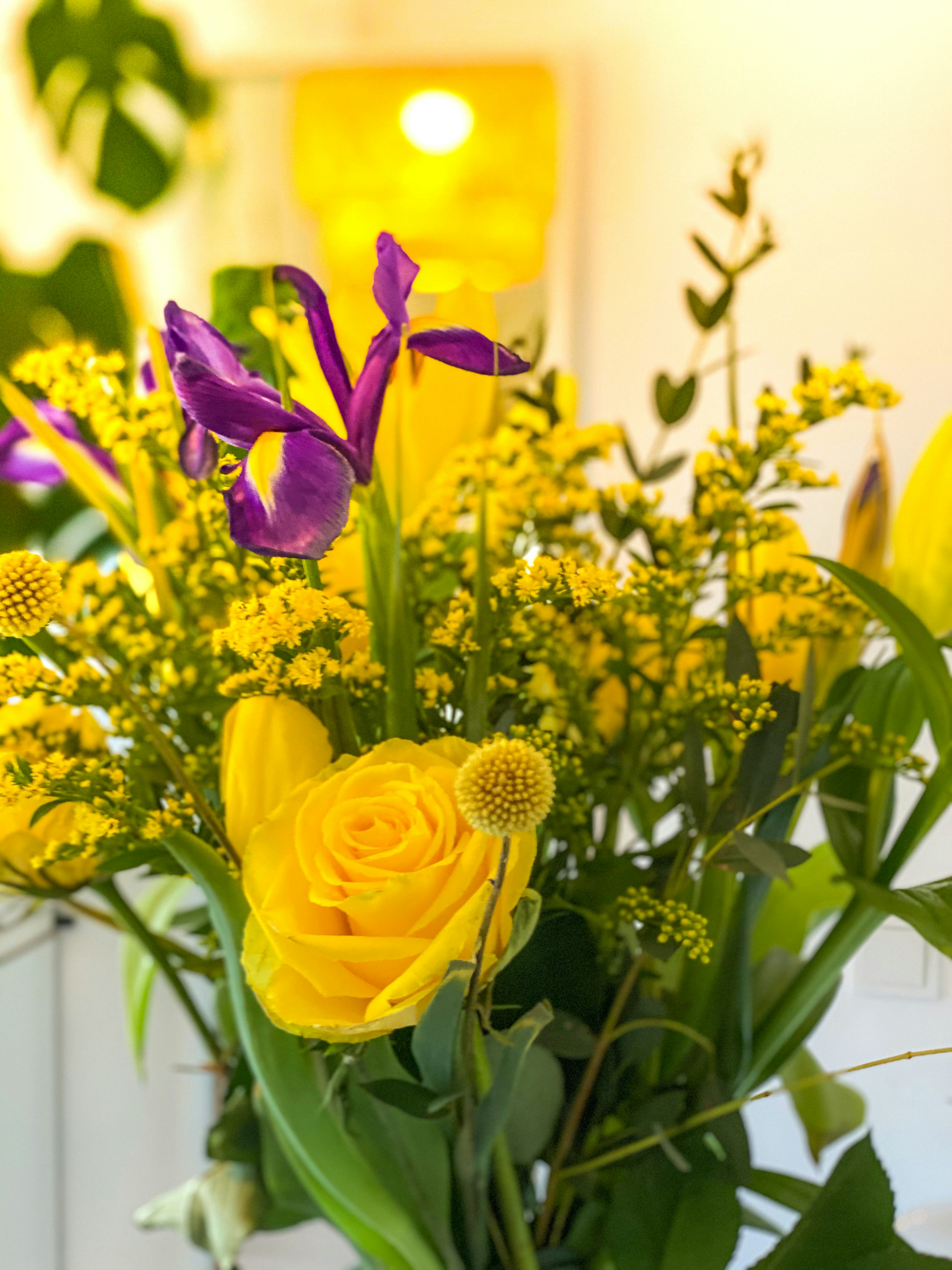 Vibrant bouquet featuring yellow roses, purple irises, and delicate greenery, set against a softly lit background.