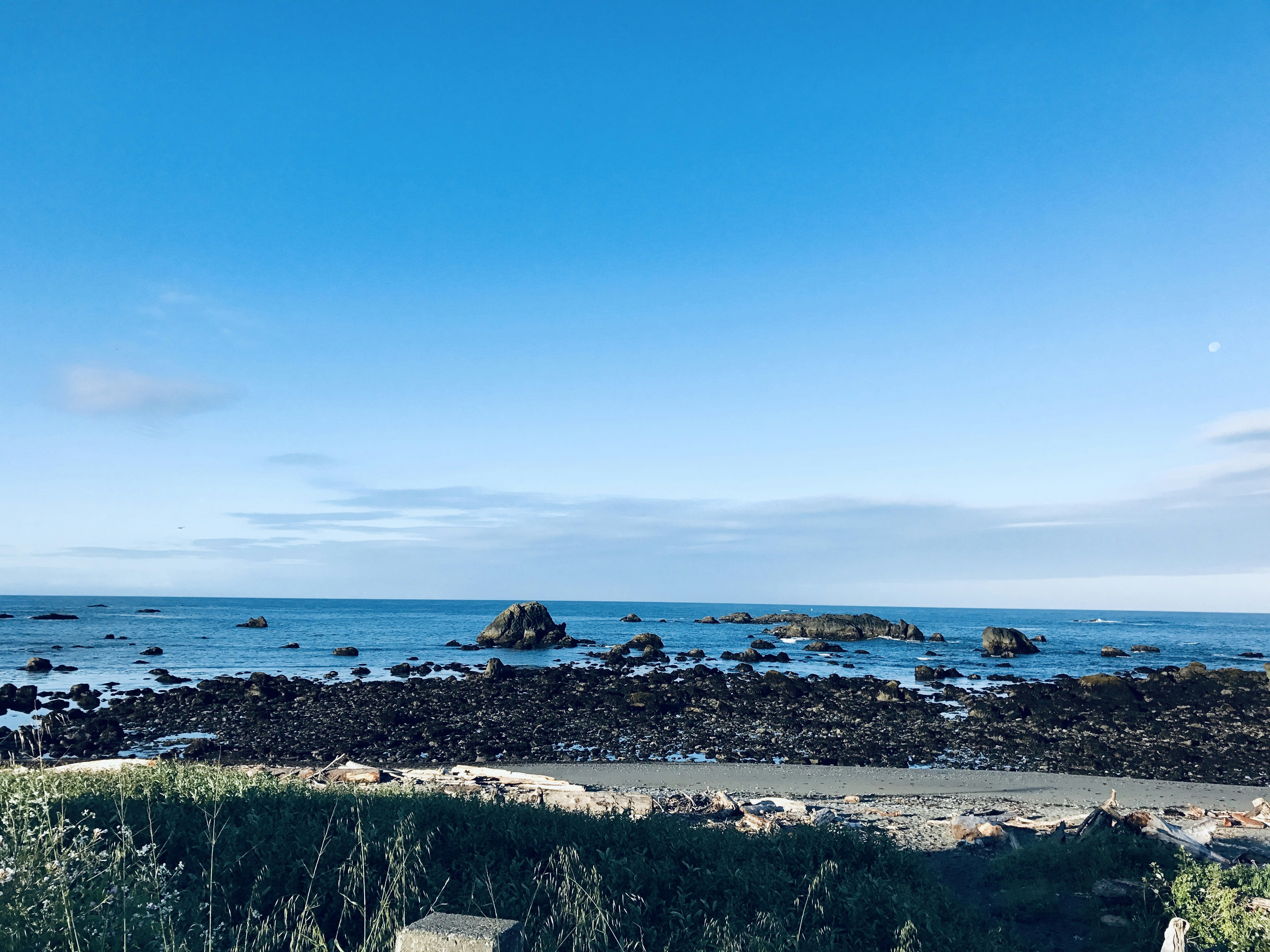 Calm coastal scene featuring rocky outcrops and a vast ocean under a clear blue sky.