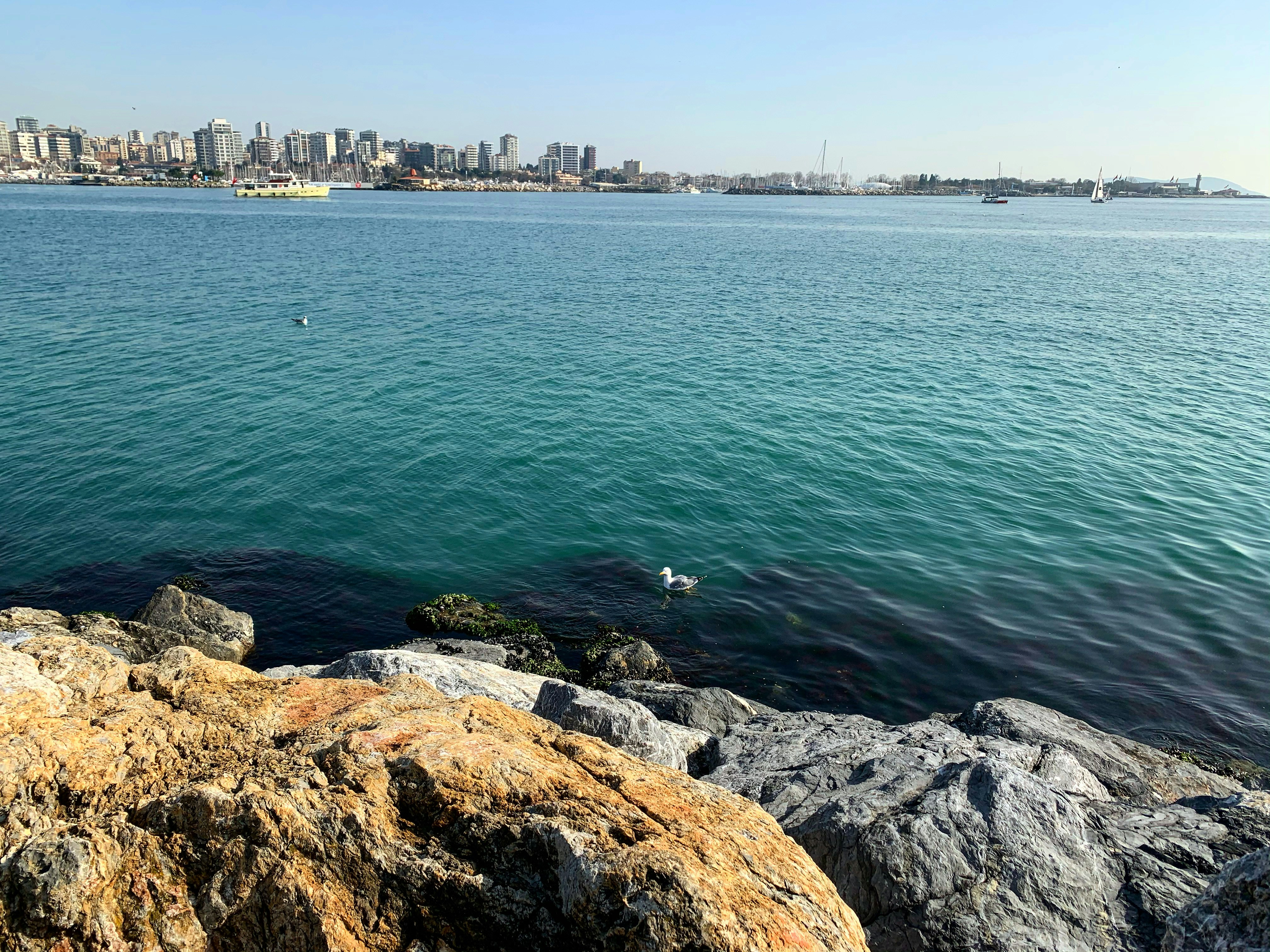 Granite Foreground Framing a Turquoise Sea Toward the Distant City Horizon