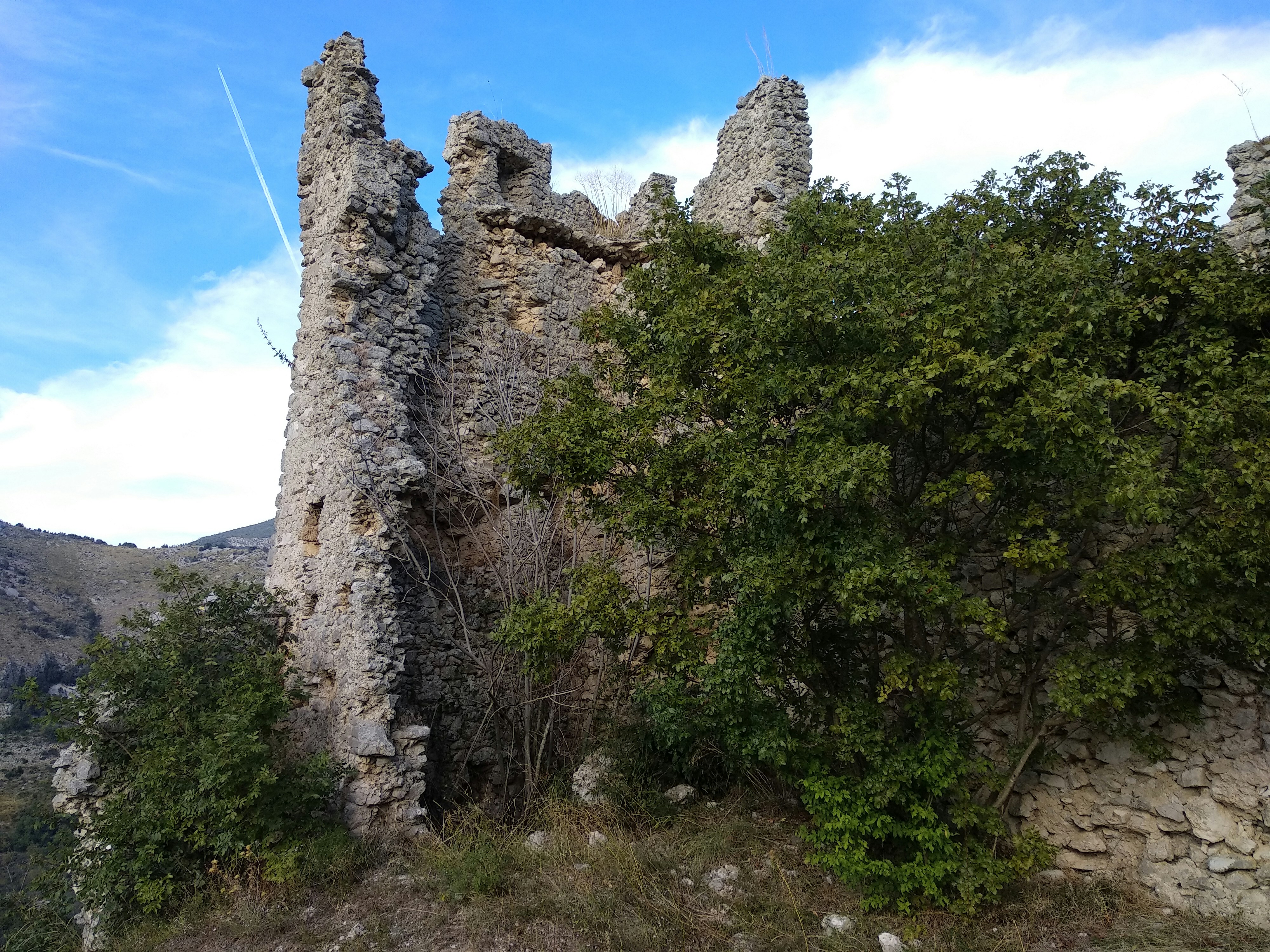 Ancient stone ruins partially obscured by lush greenery, set against a blue sky with wispy clouds. The remnants of a bygone era evoke a sense of mystery.