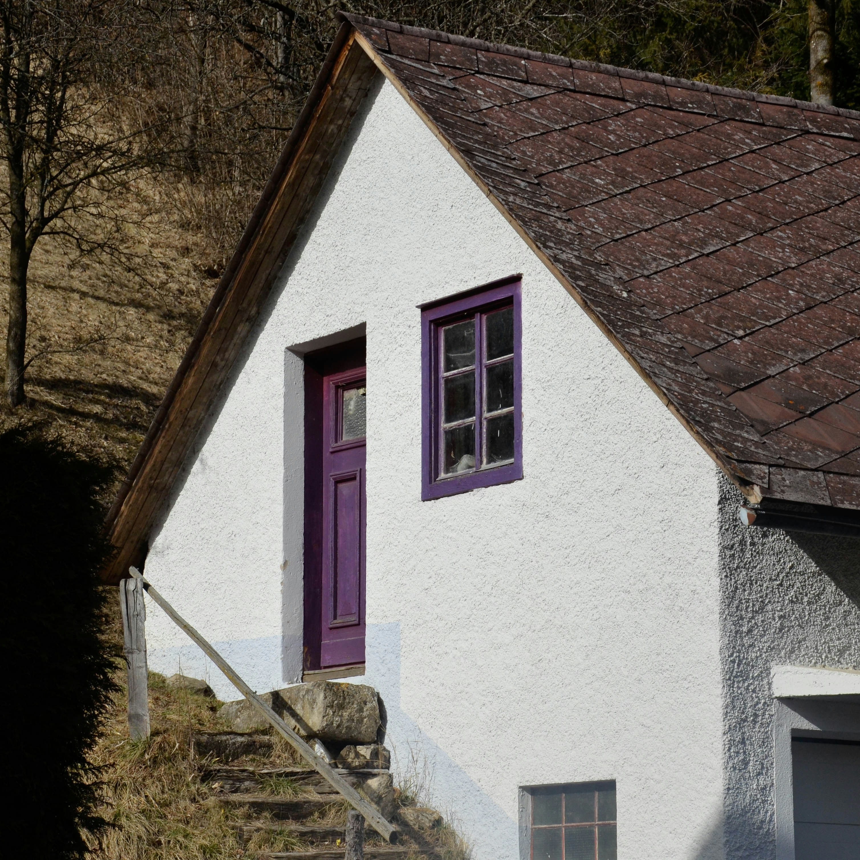 Violet-Trim Cottage: Sunlit Facade and Stepped Entrance