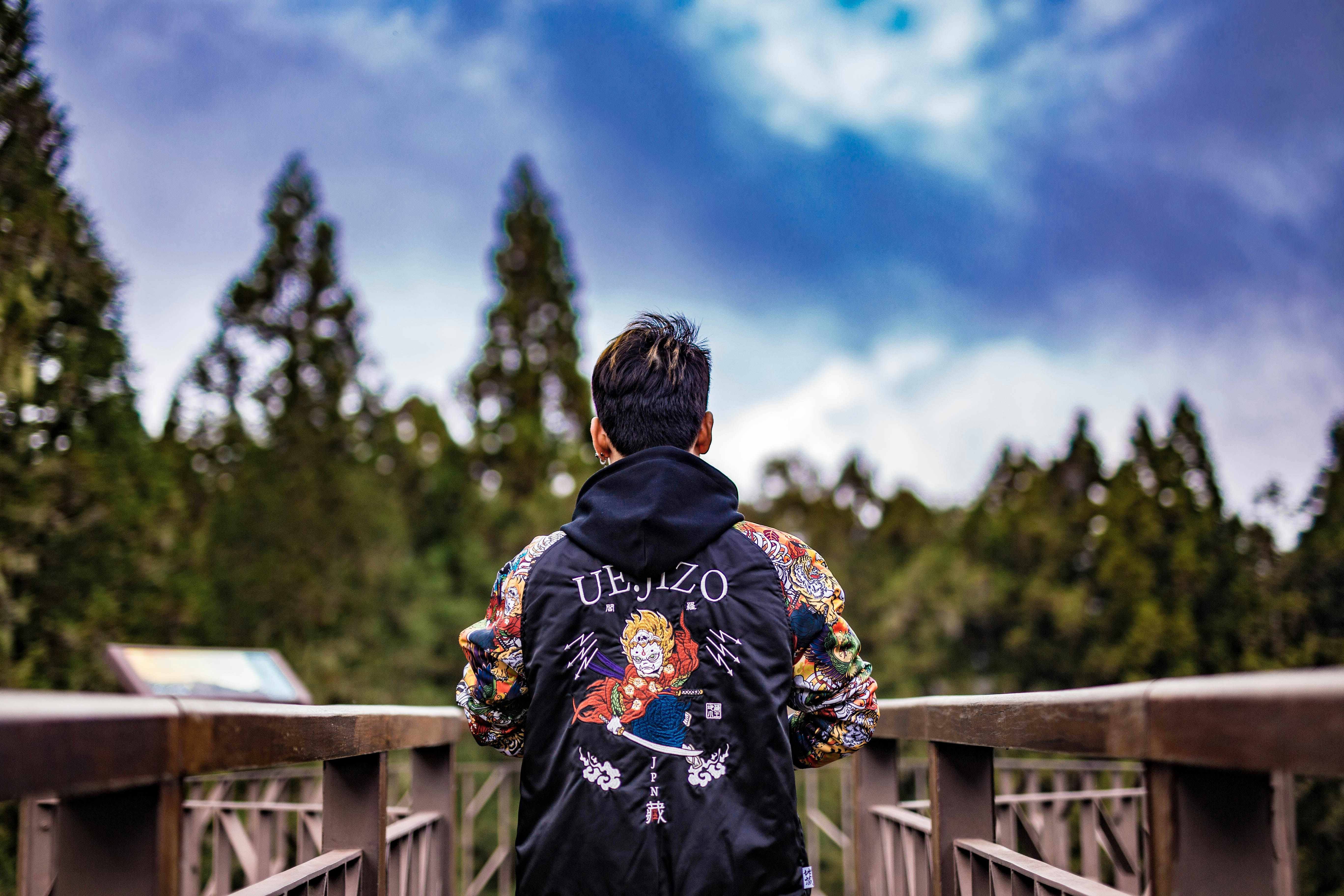 Individual standing on a wooden bridge, gazing towards a lush green landscape under a dramatic sky. The back of their jacket features vibrant artwork.