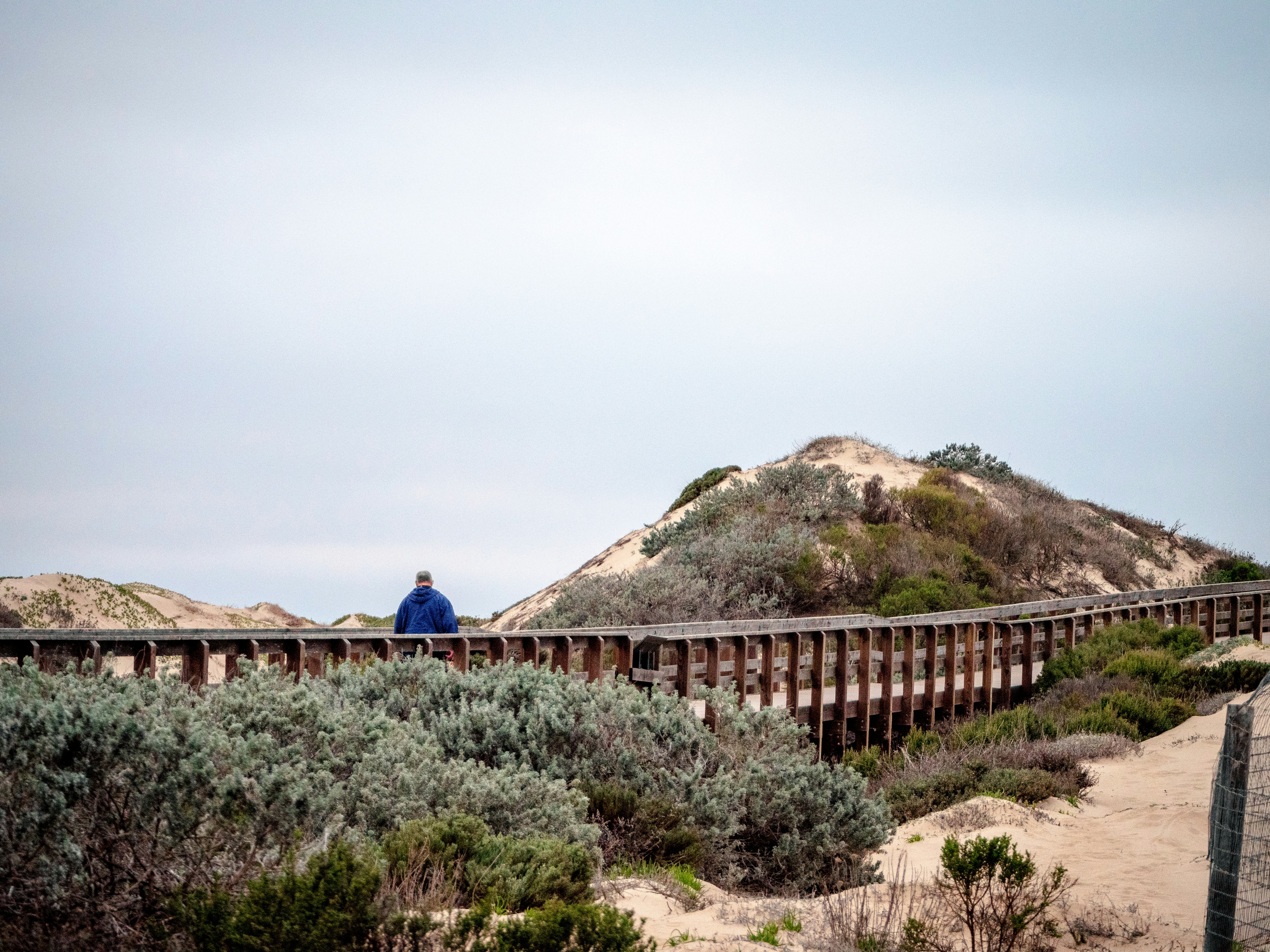 Blue Jacket on a Weathered Dune Boardwalk Under a Moody Coastal Sky