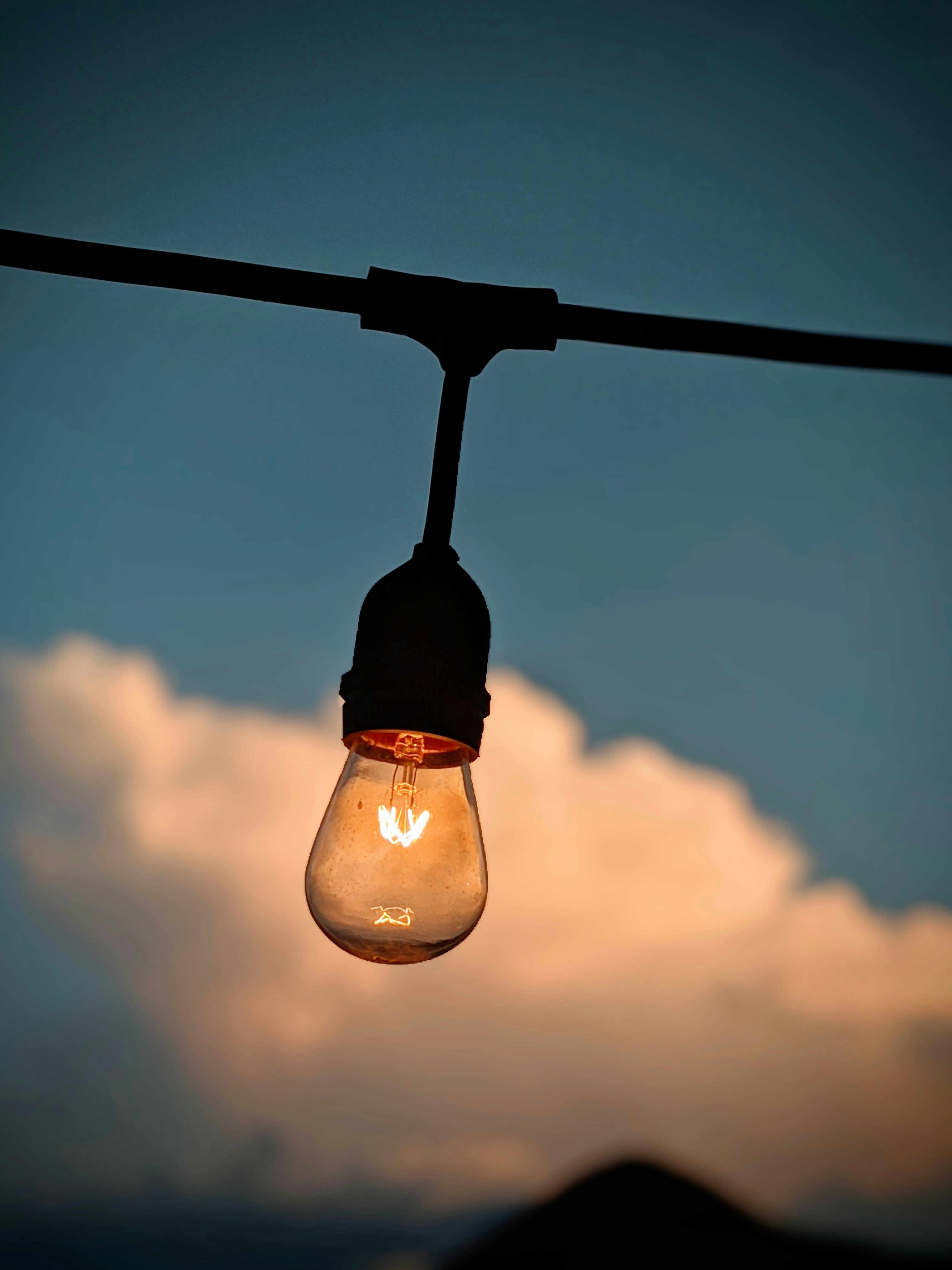 Hanging bulb with a warm glow against a dusky sky