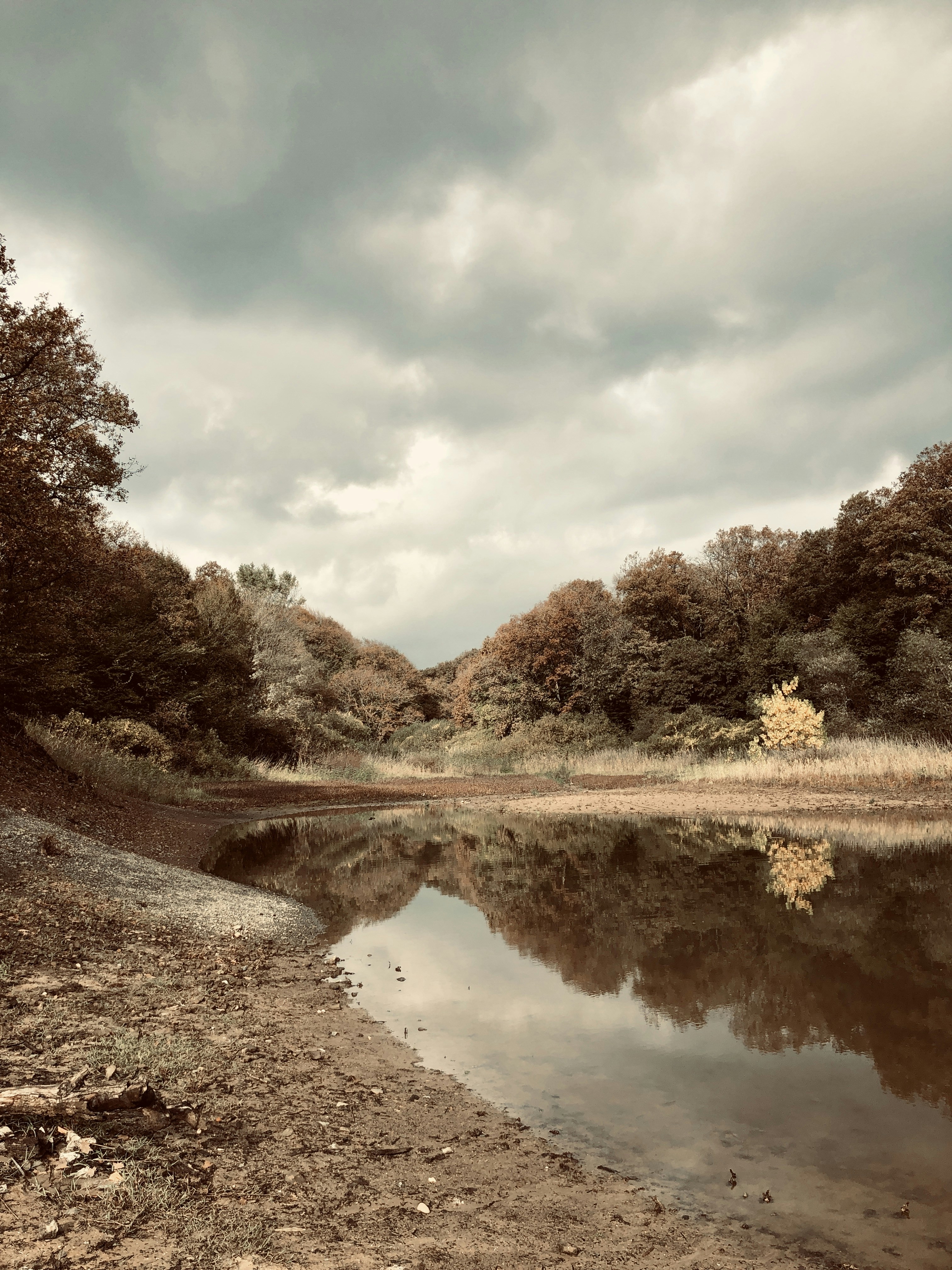 Calm lake bordered by vibrant autumn foliage, with reflections of trees and a cloudy sky enhancing the serene atmosphere.
