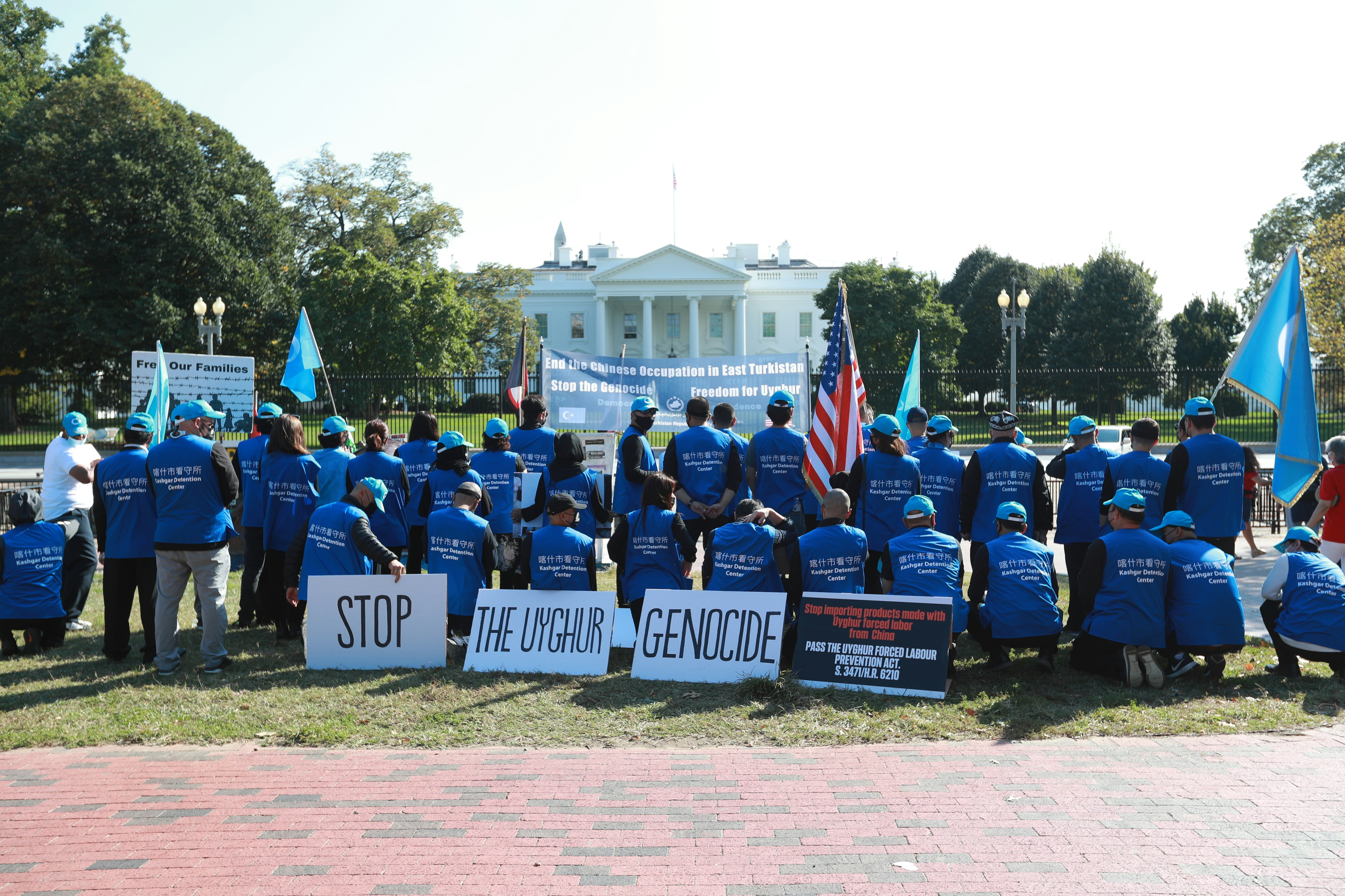 Group of people wearing blue and black jacket standing on green grass ...