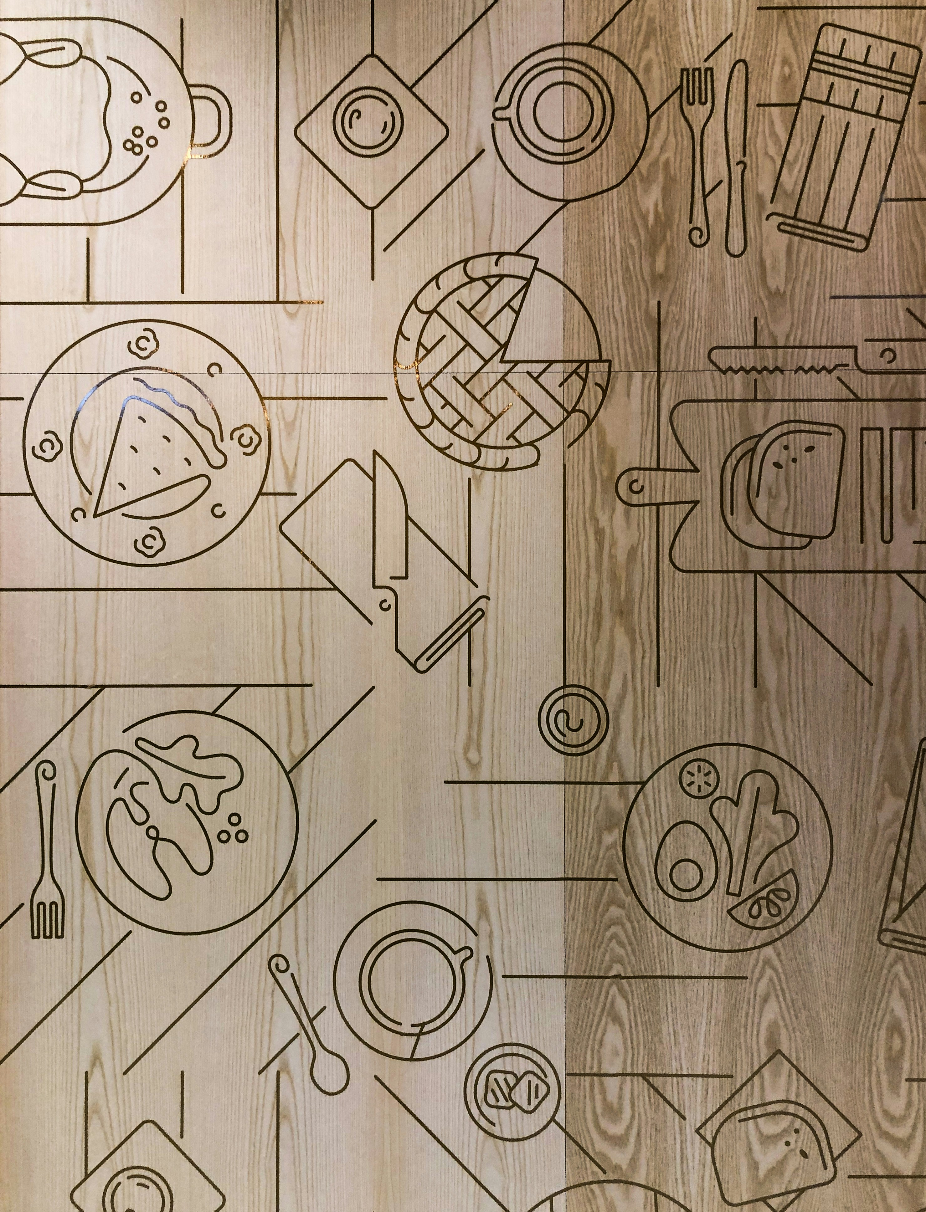 Line-Drawn Tabletop: A Top-Down Montage of Plates, Utensils, and a Woven Centerpiece
