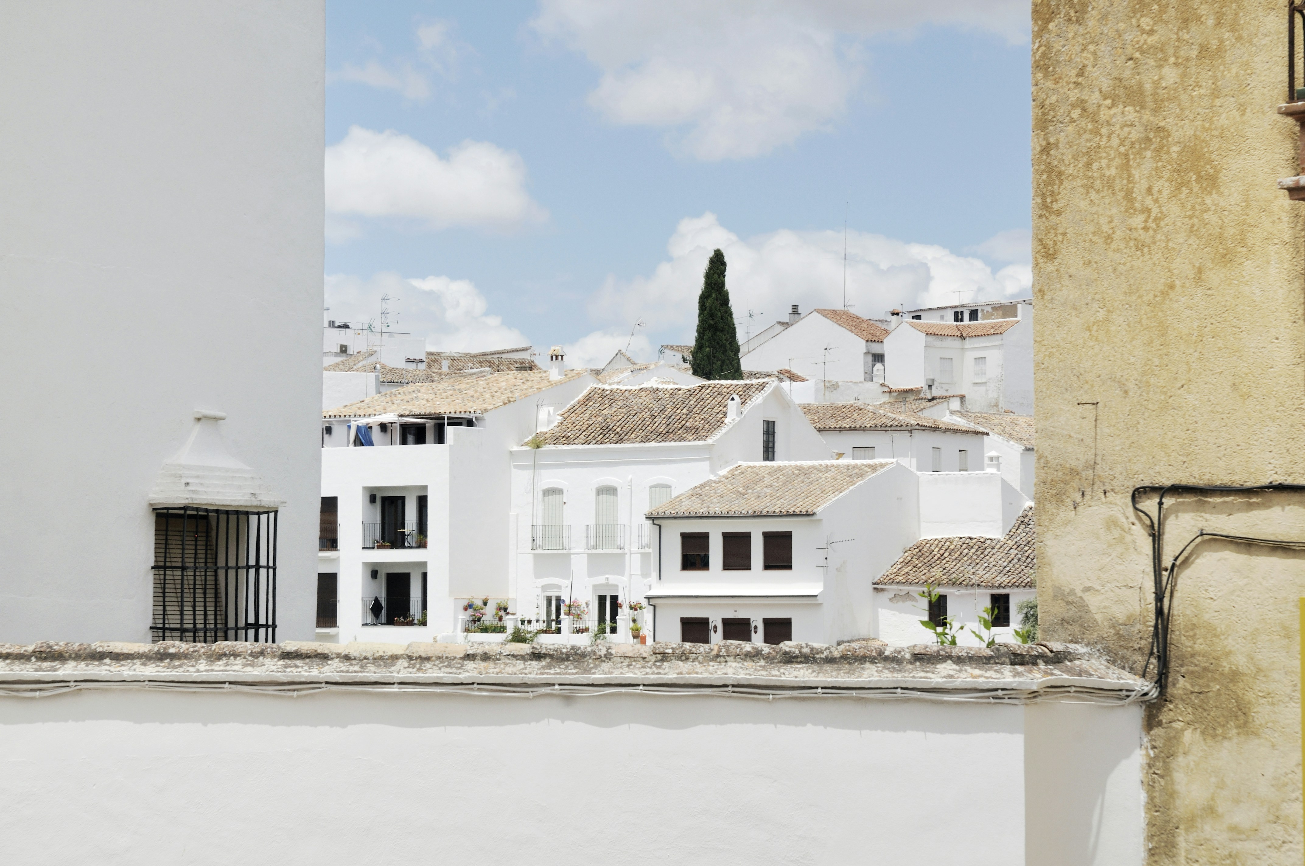 A serene view of a whitewashed village, framed by contrasting architectural elements, with a tall tree standing prominently among the rooftops.