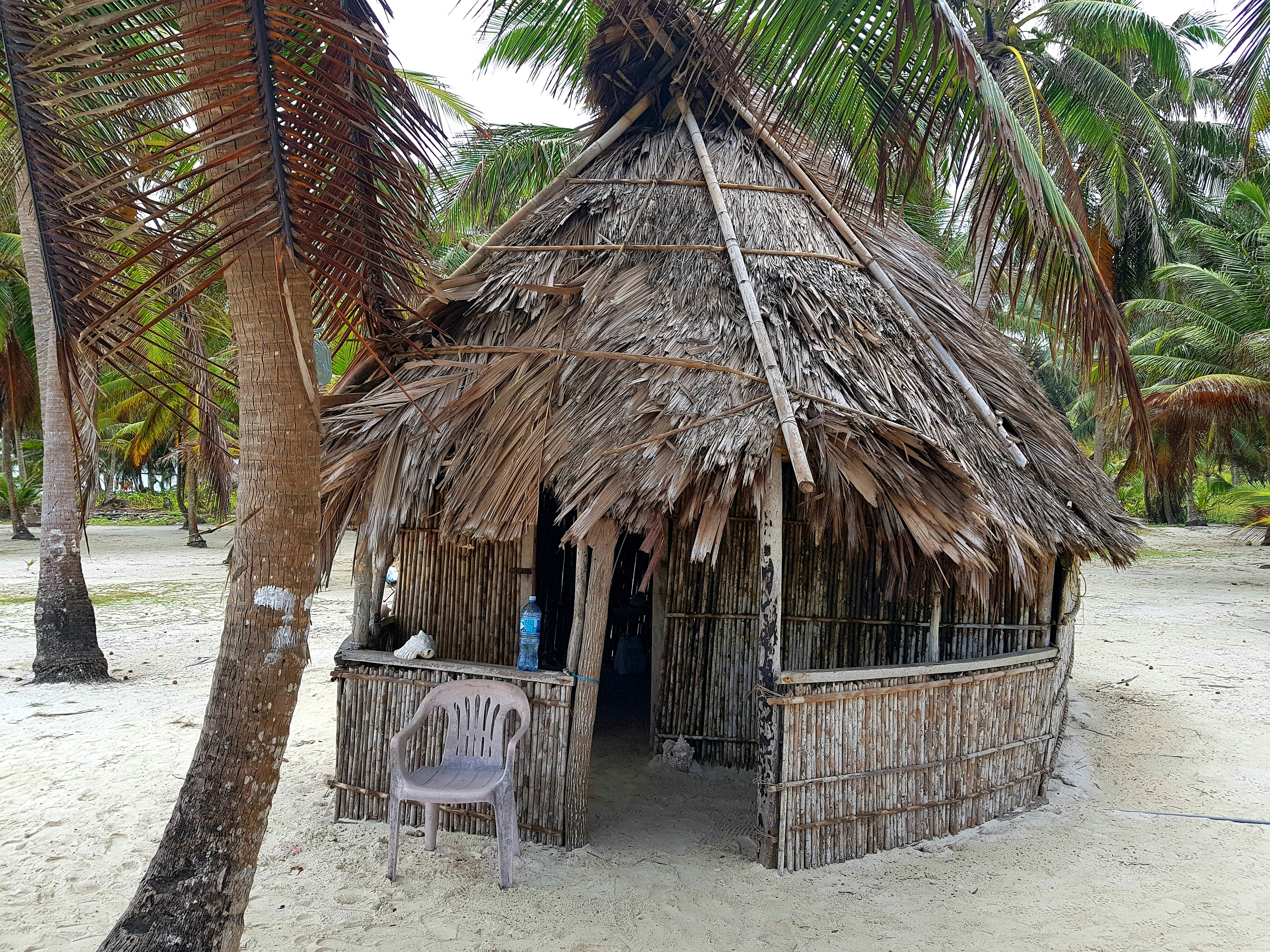 Brown wooden nipa hut with white plastic chairs and tables photo – Free ...