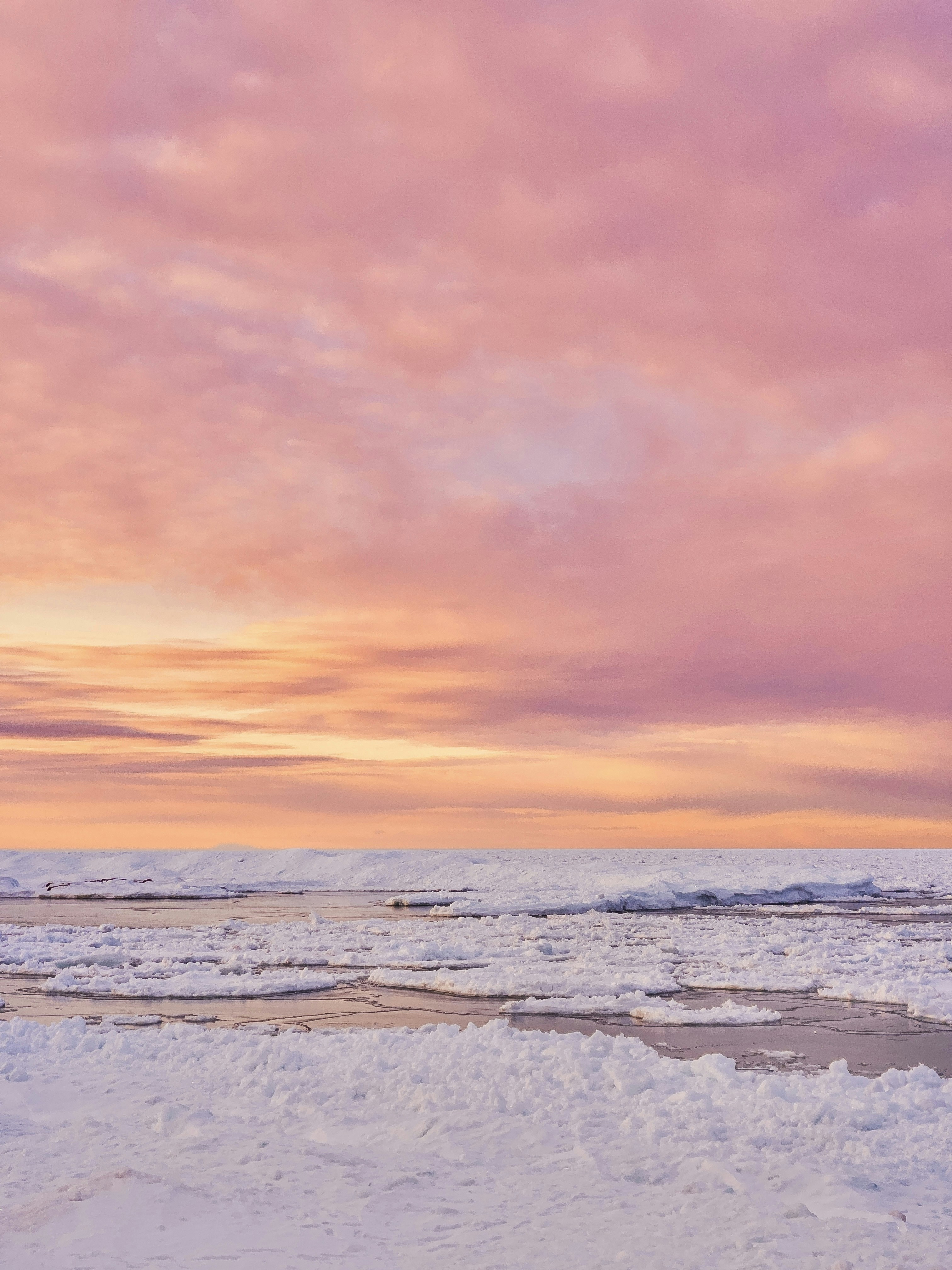 Soft pastel hues paint the sky as ice floes drift serenely on the water's surface during early morning light.
