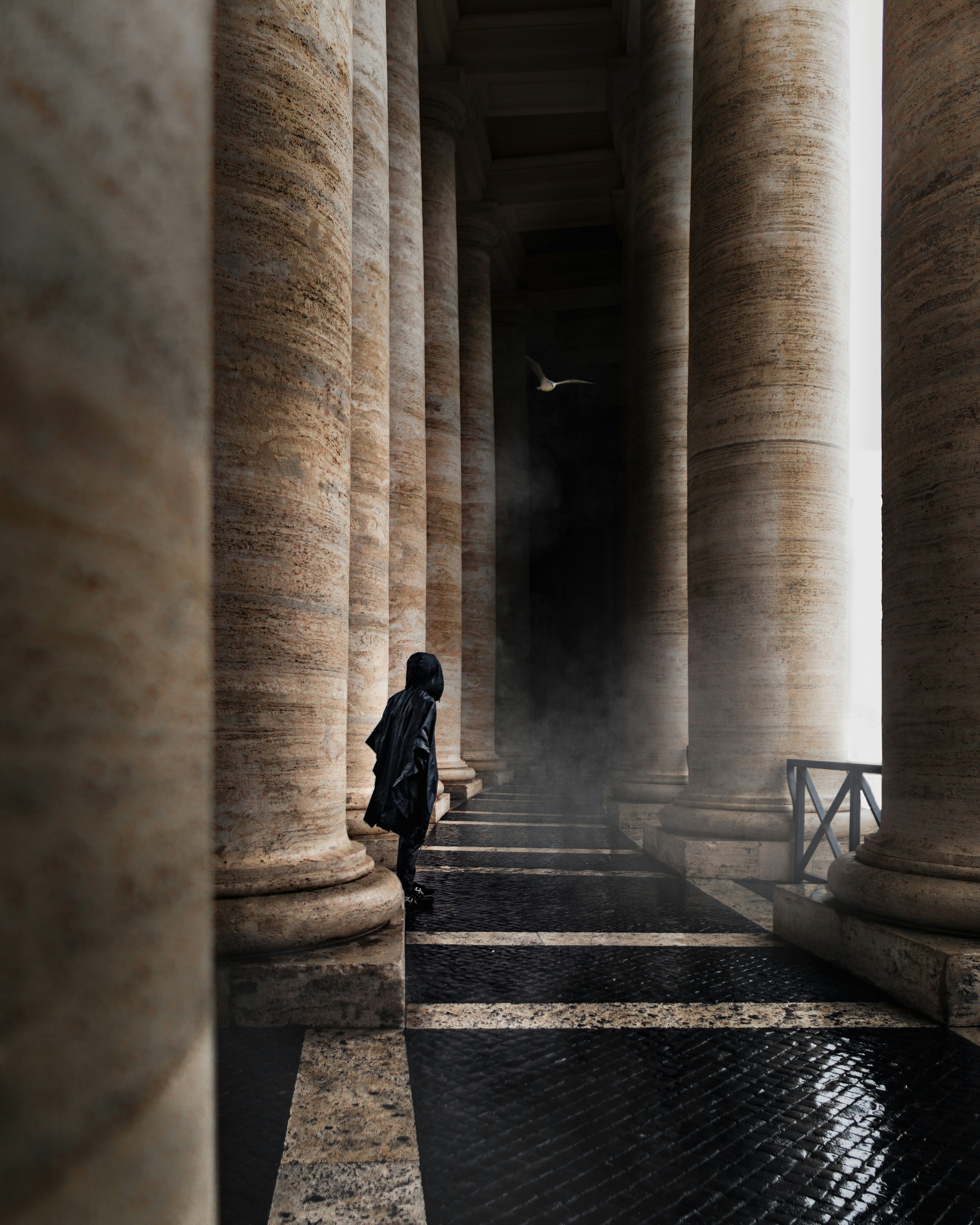 A solitary figure in a dark cloak stands amidst towering marble columns, shrouded in mist, as a bird soars above in a moment of stillness.