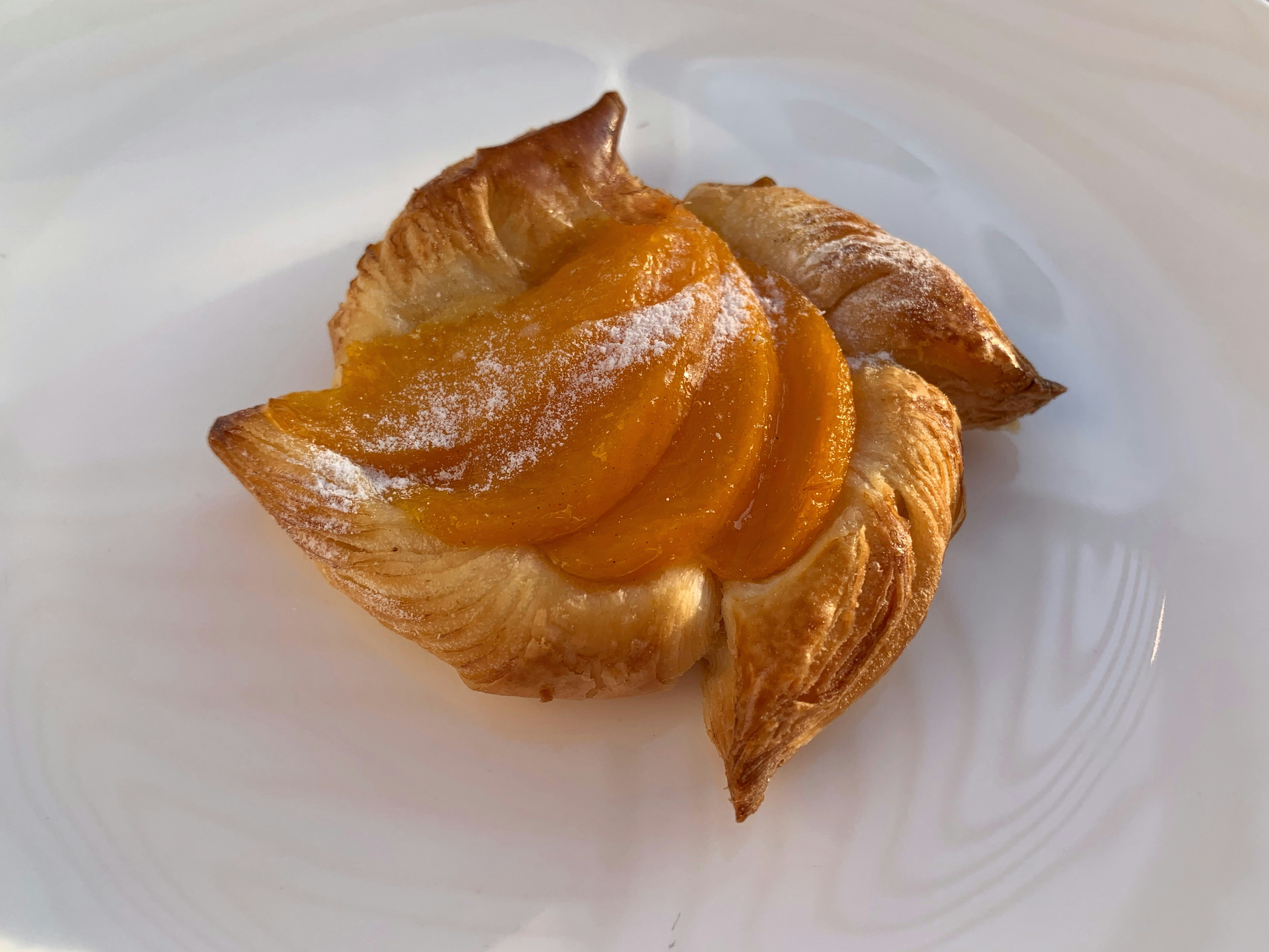 Flaky pastry topped with vibrant slices of apricot, dusted with powdered sugar, resting elegantly on a white plate.