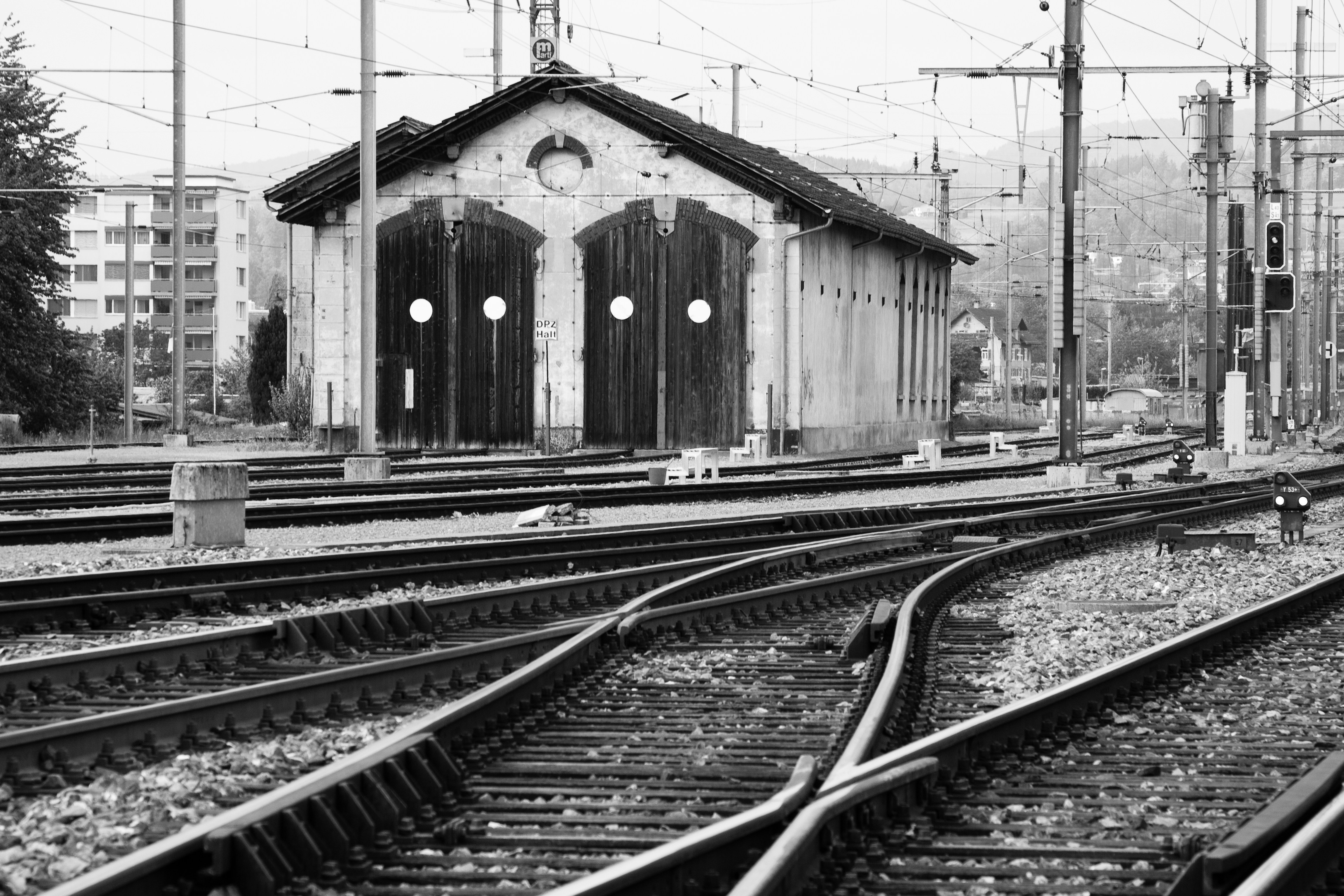 grayscale photo of train station