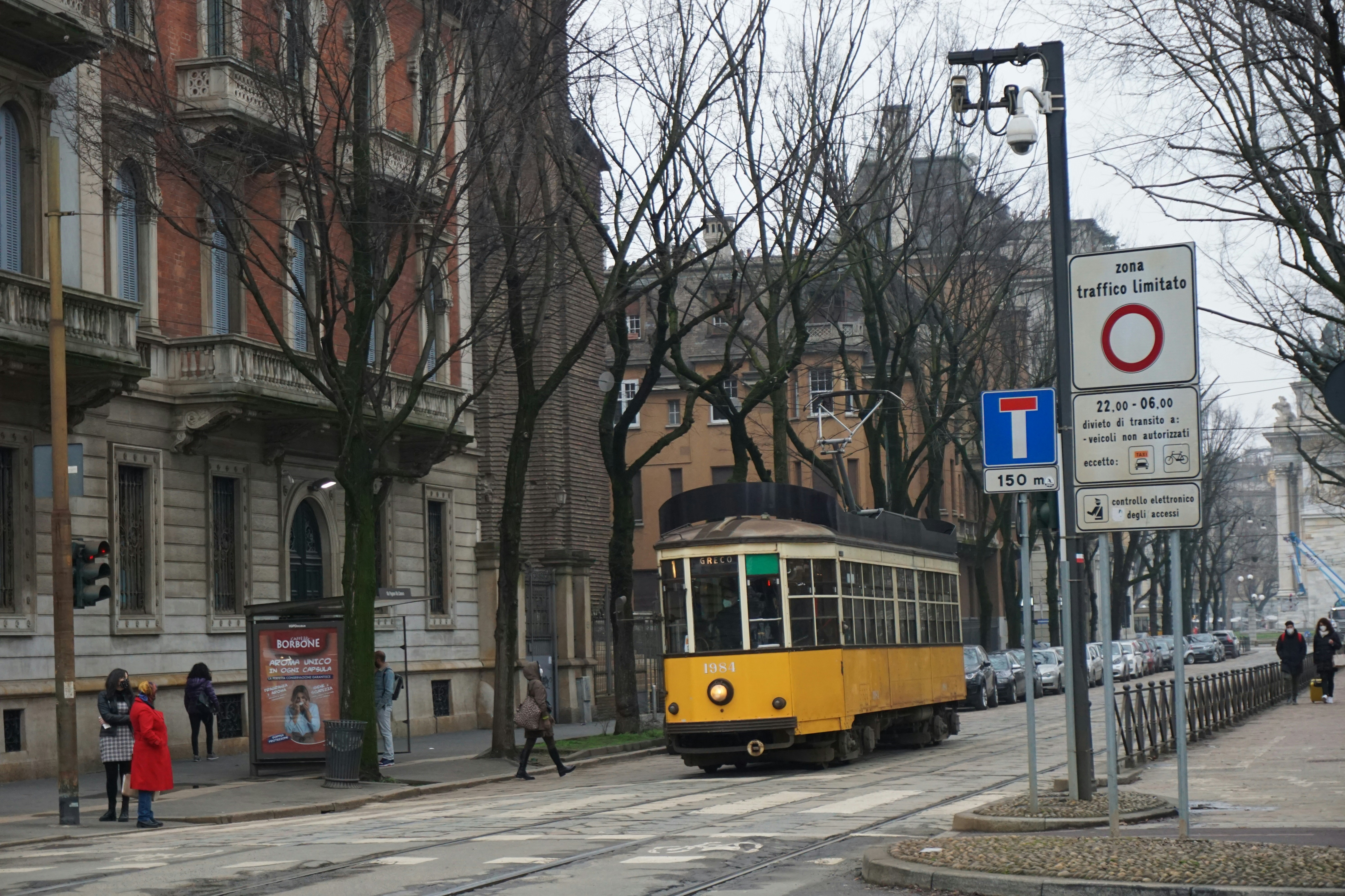 yellow and white tram on road near bare trees during daytime