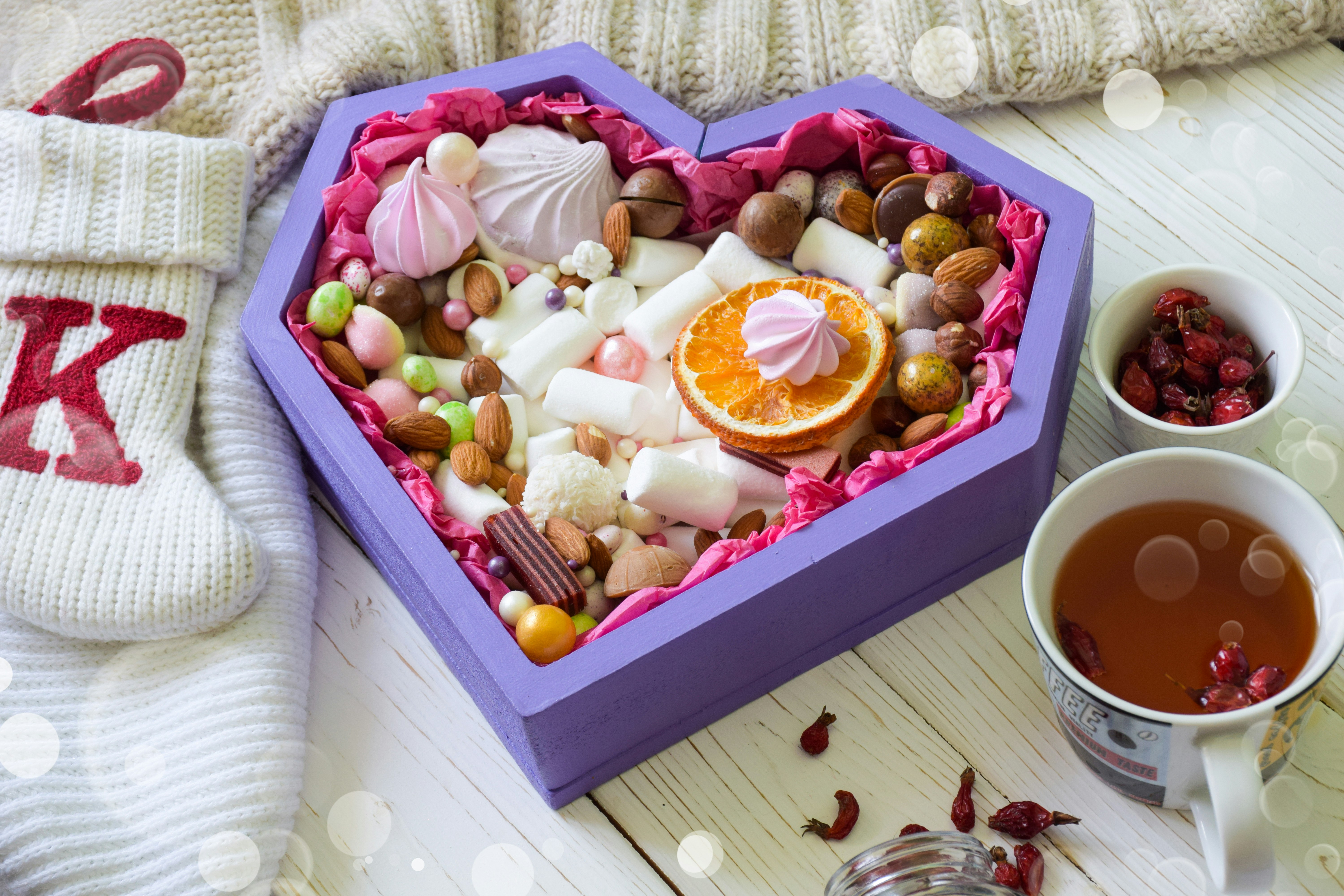 Violet Heart Box of Confections: A Cozy Still-Life of Candy and Tea