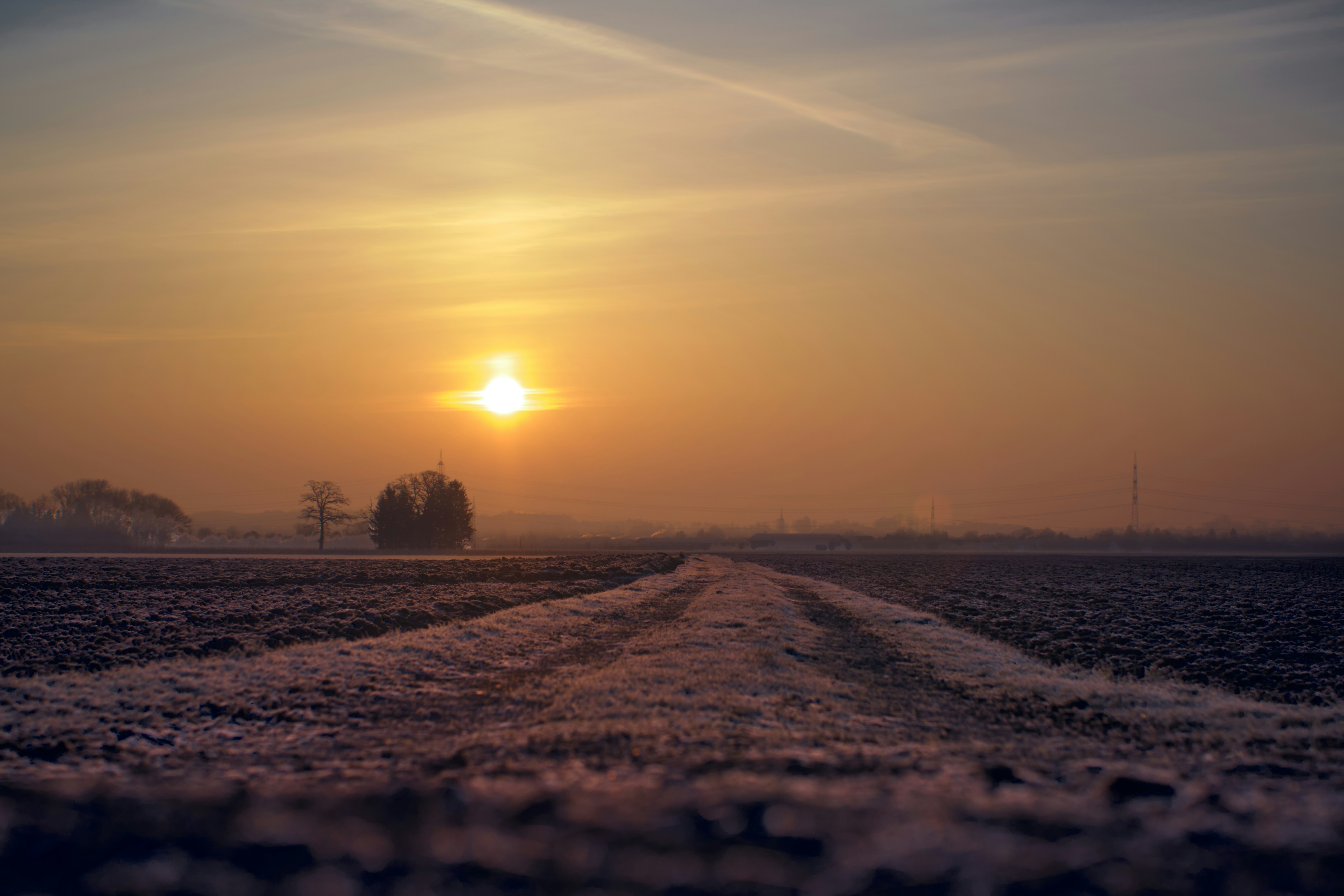 Frost-covered field leading towards a rising sun, casting a warm glow over the landscape. The serene scene captures the essence of a quiet winter morning.