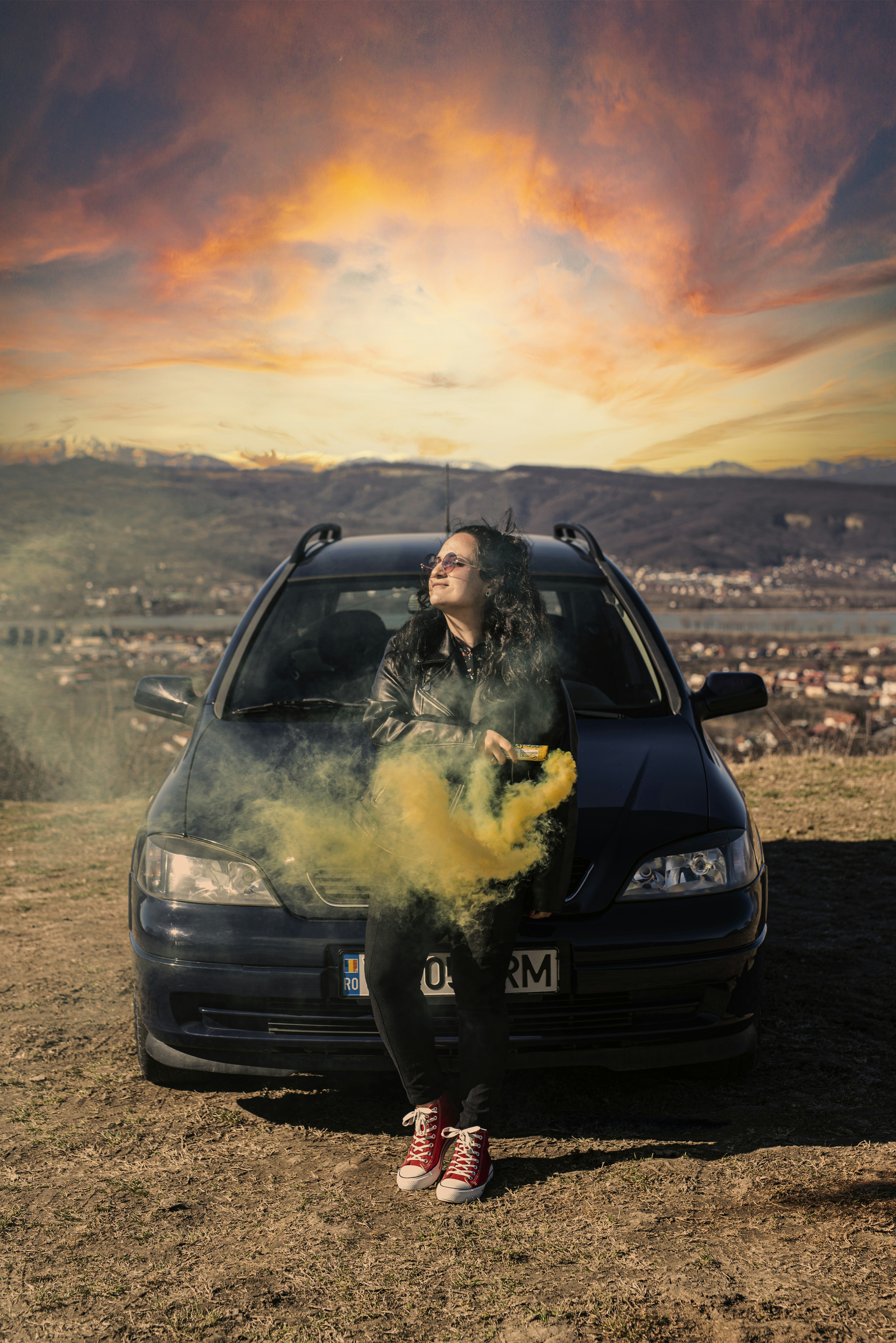 Yellow Smoke at Dusk: Portrait by a Hilltop SUV