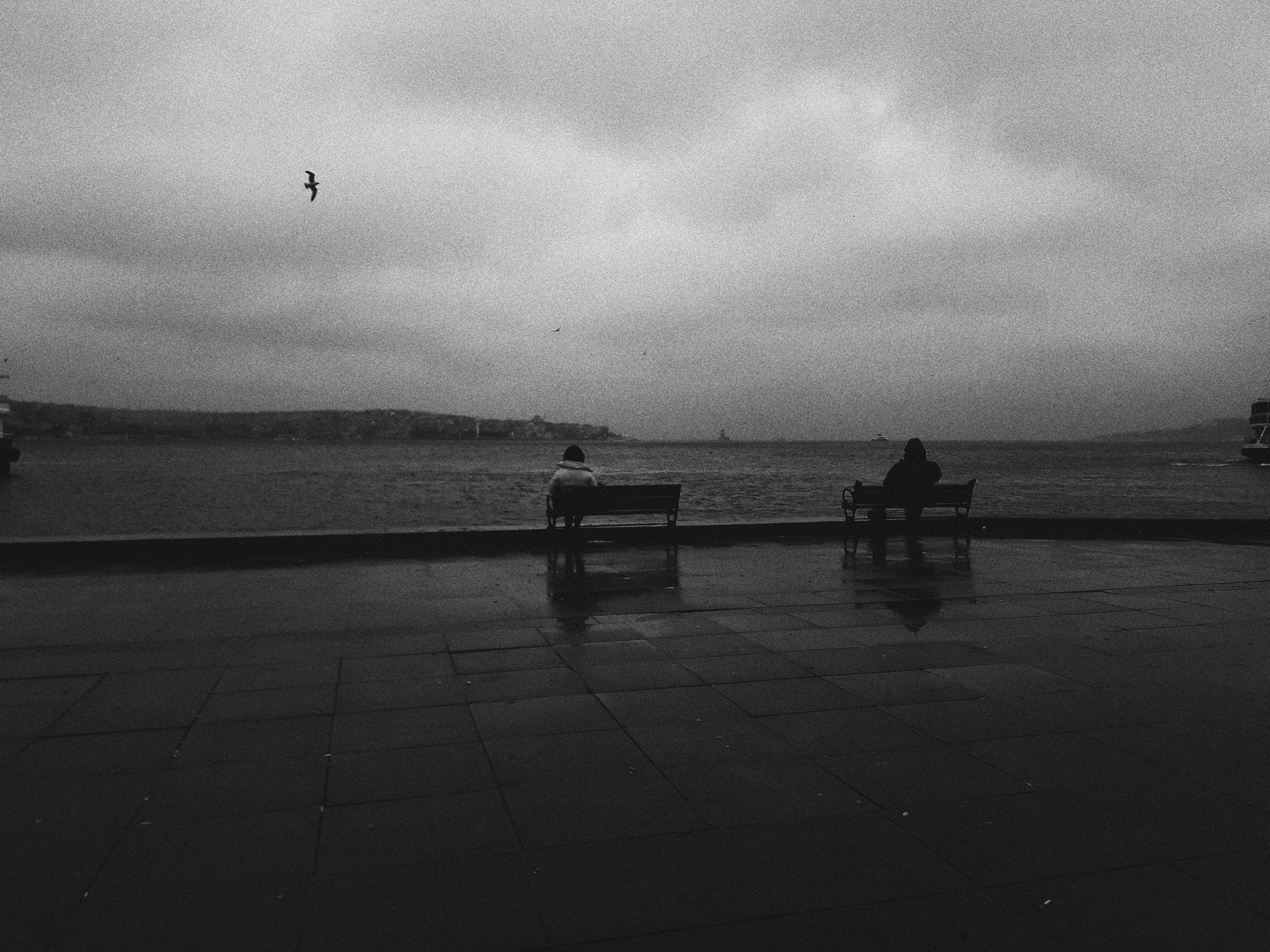 Two figures seated on benches gazing over a calm, reflective water surface under a moody sky.
