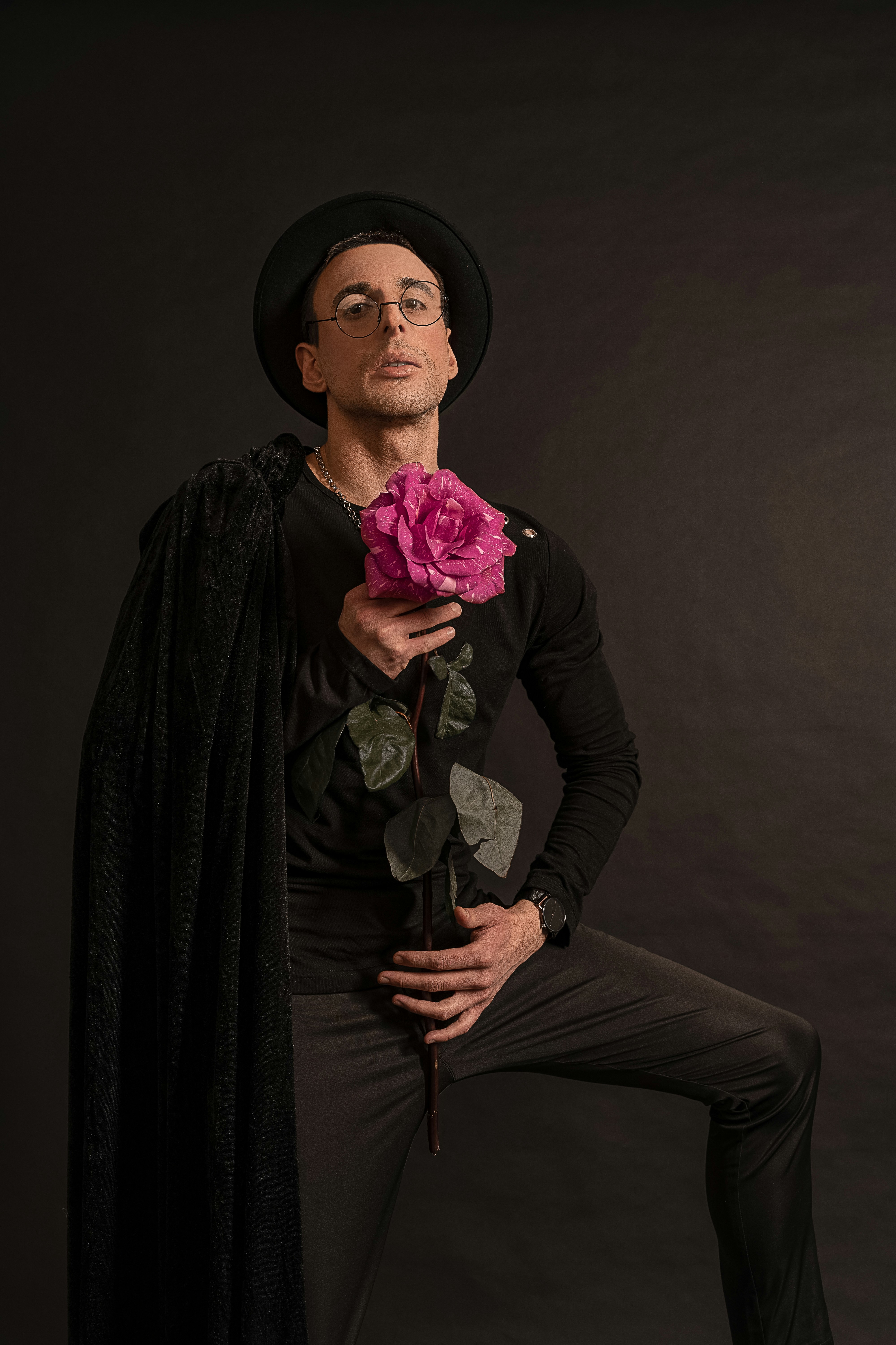 Velvet Noir Portrait: A Magenta Rose in Quiet Poise