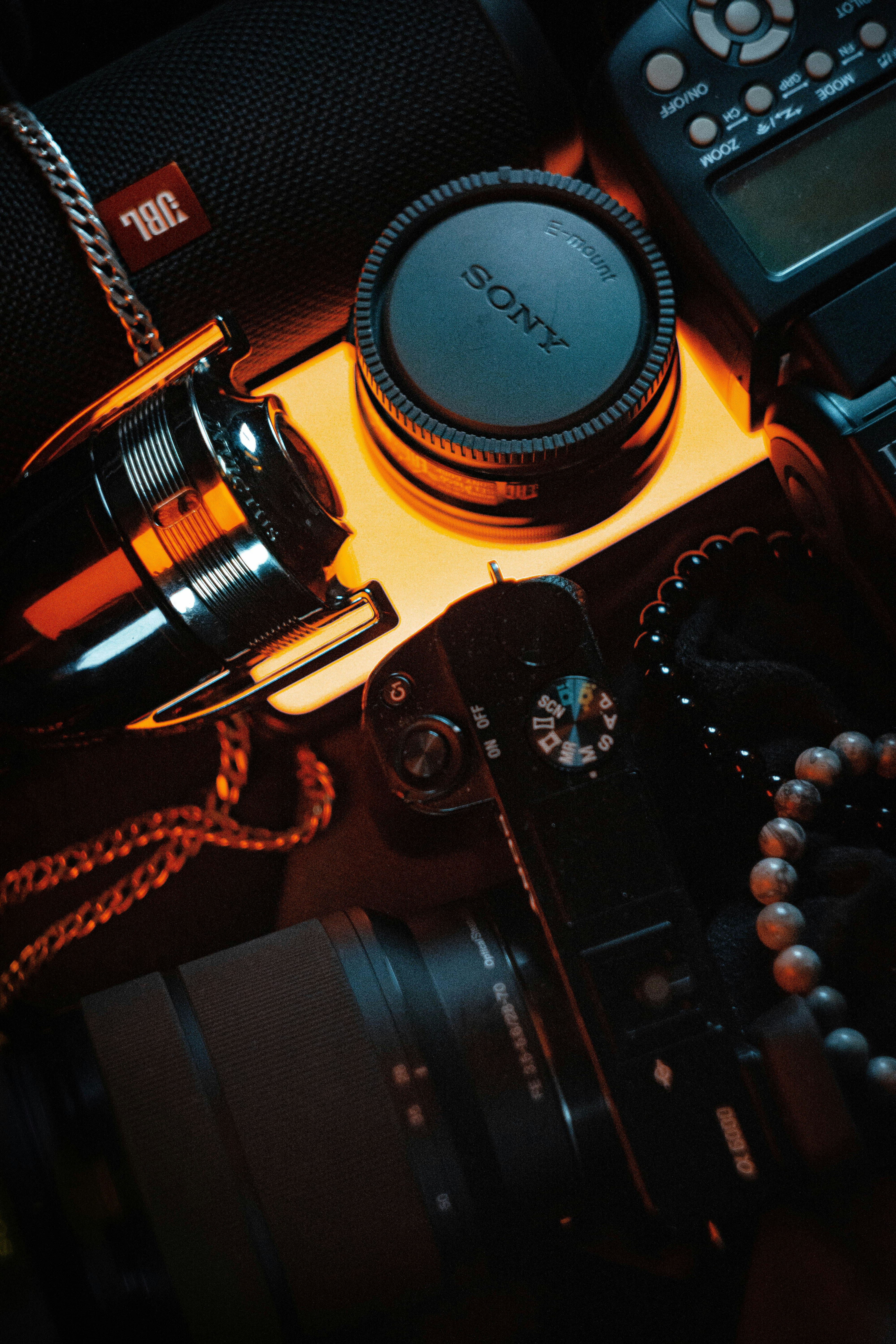 Sunlit Gear: A Neon Glow on Vintage Black and Silver