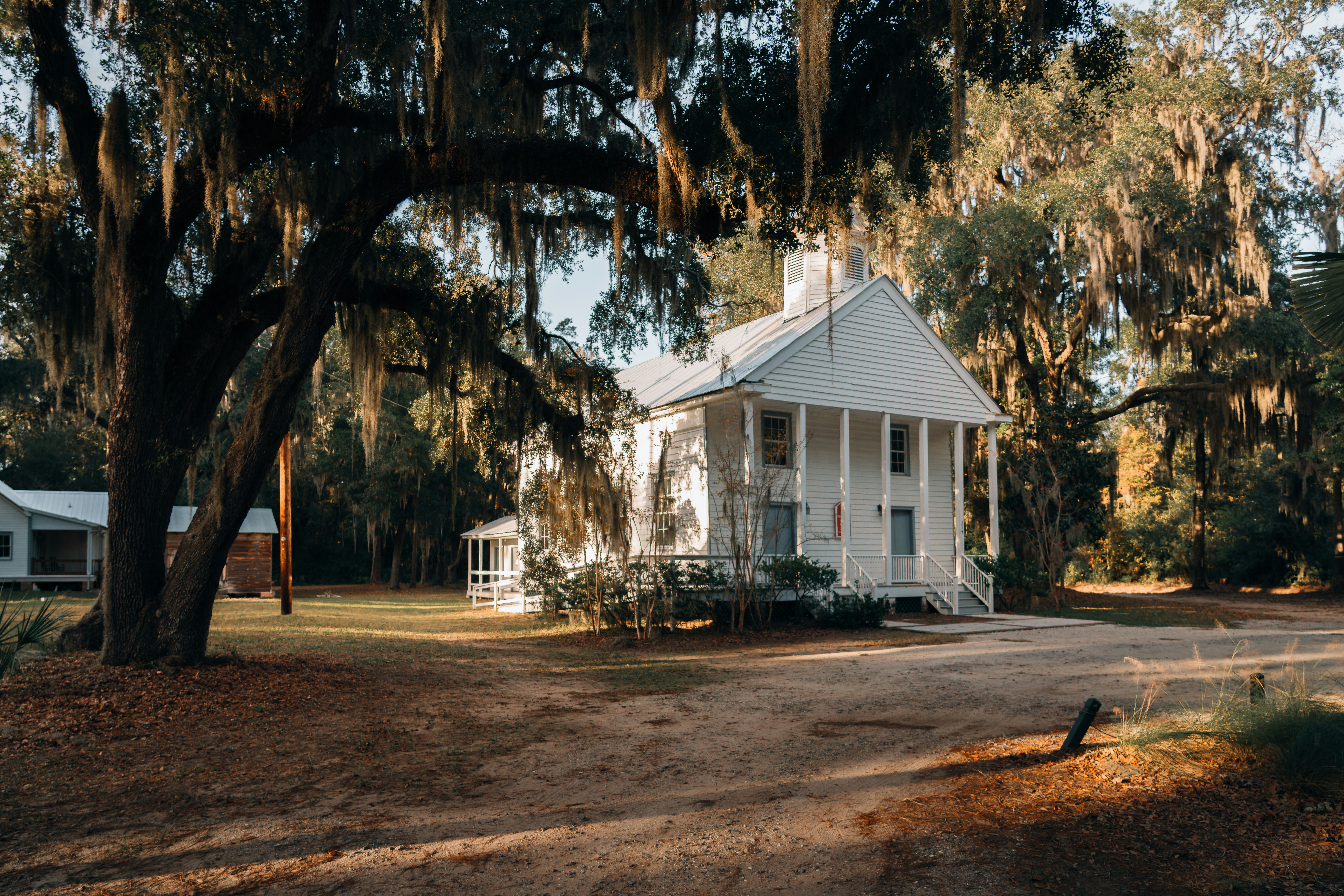Sunlit White Cottage Beneath Moss-Draped Oaks