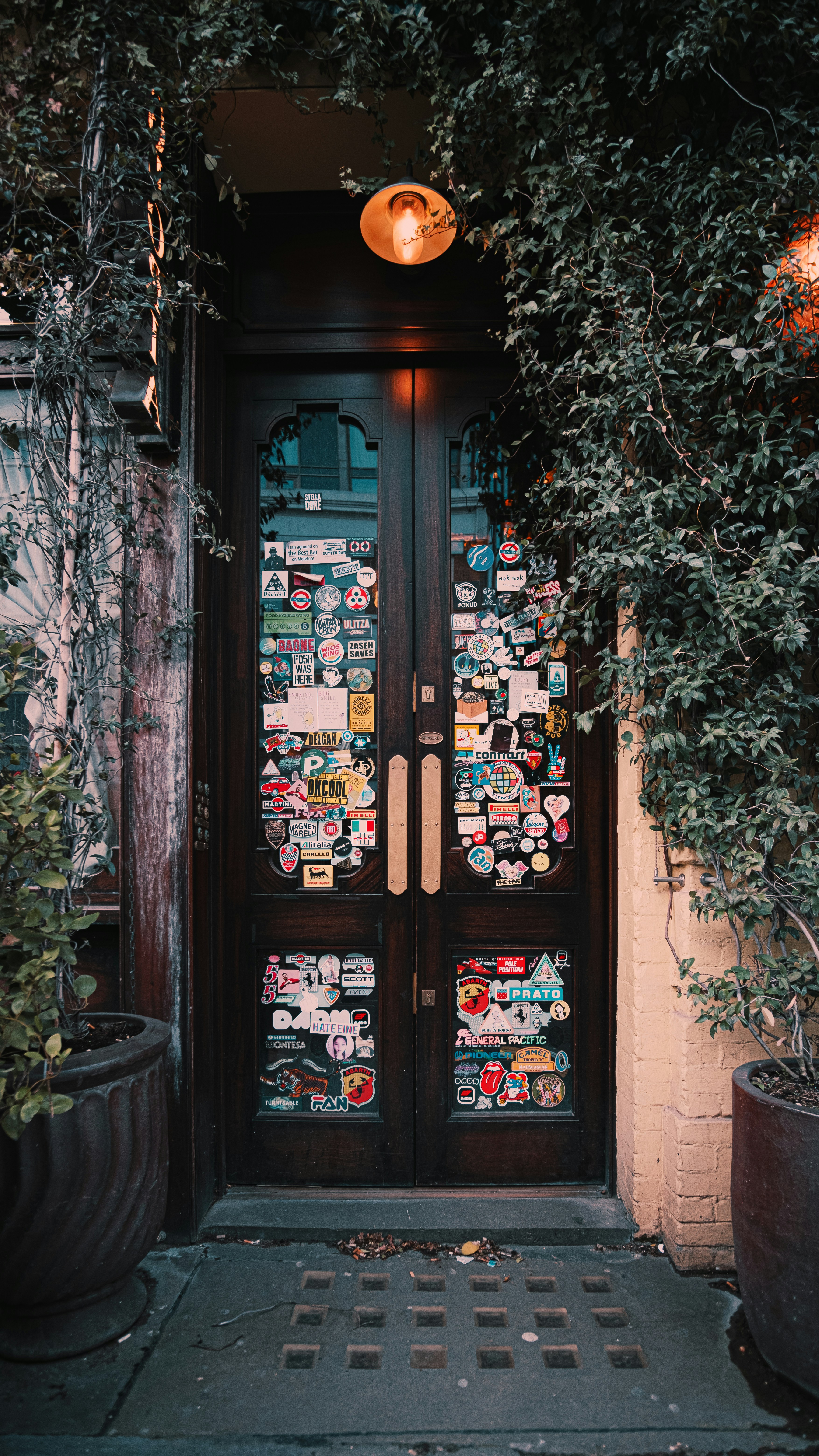 Stickered Doorway: A Narrow Portal Between Brick and Ivy
