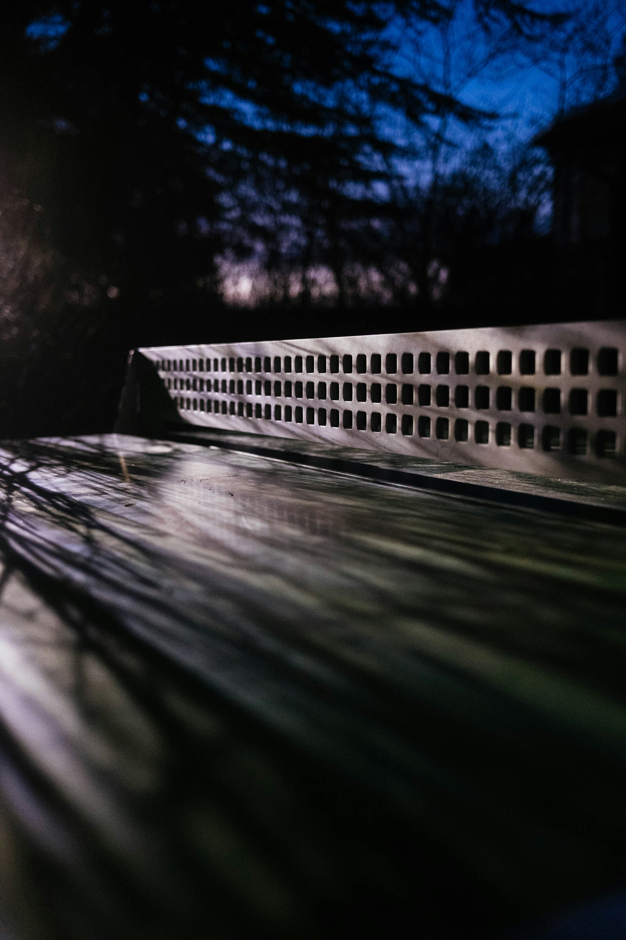 A close-up view of a bench at twilight, showcasing intricate patterns of light and shadow. The scene captures the quiet beauty of dusk with a hint of nature's presence.