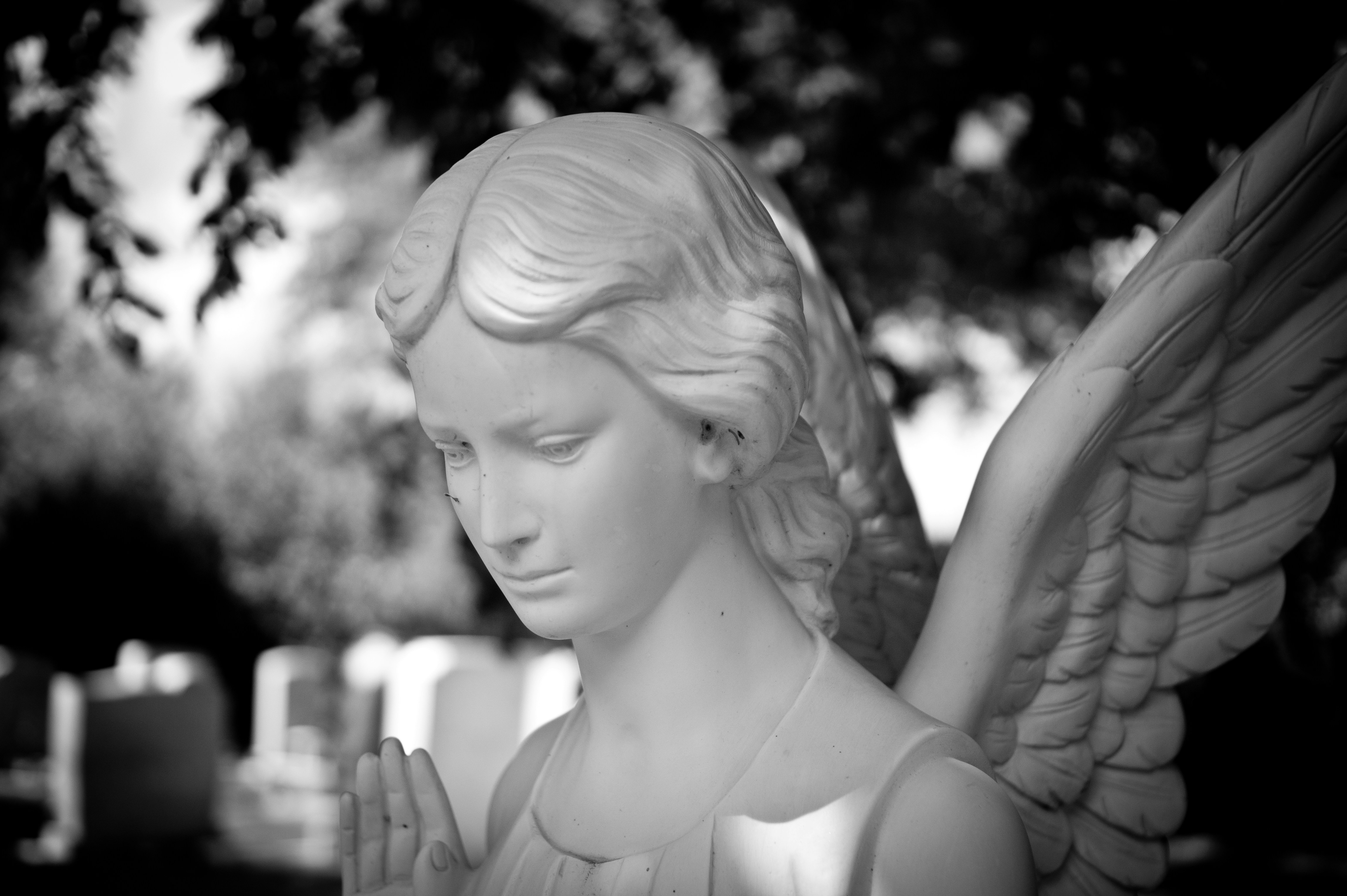 Marble angel statue in a cemetery, surrounded by blurred headstones and trees.