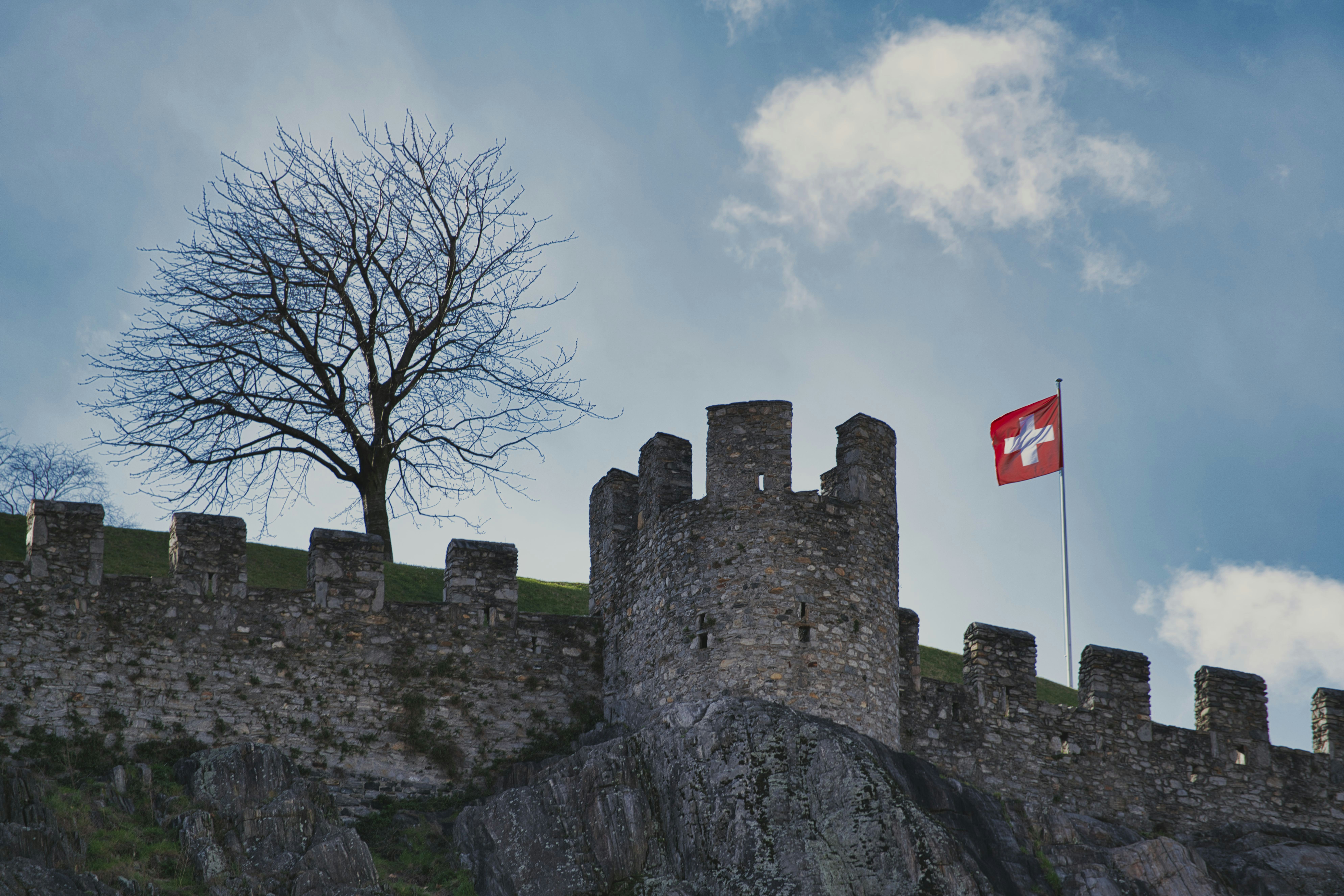 A historic stone fortress perched on a rocky outcrop, with a solitary tree and a Swiss flag fluttering against a blue sky.