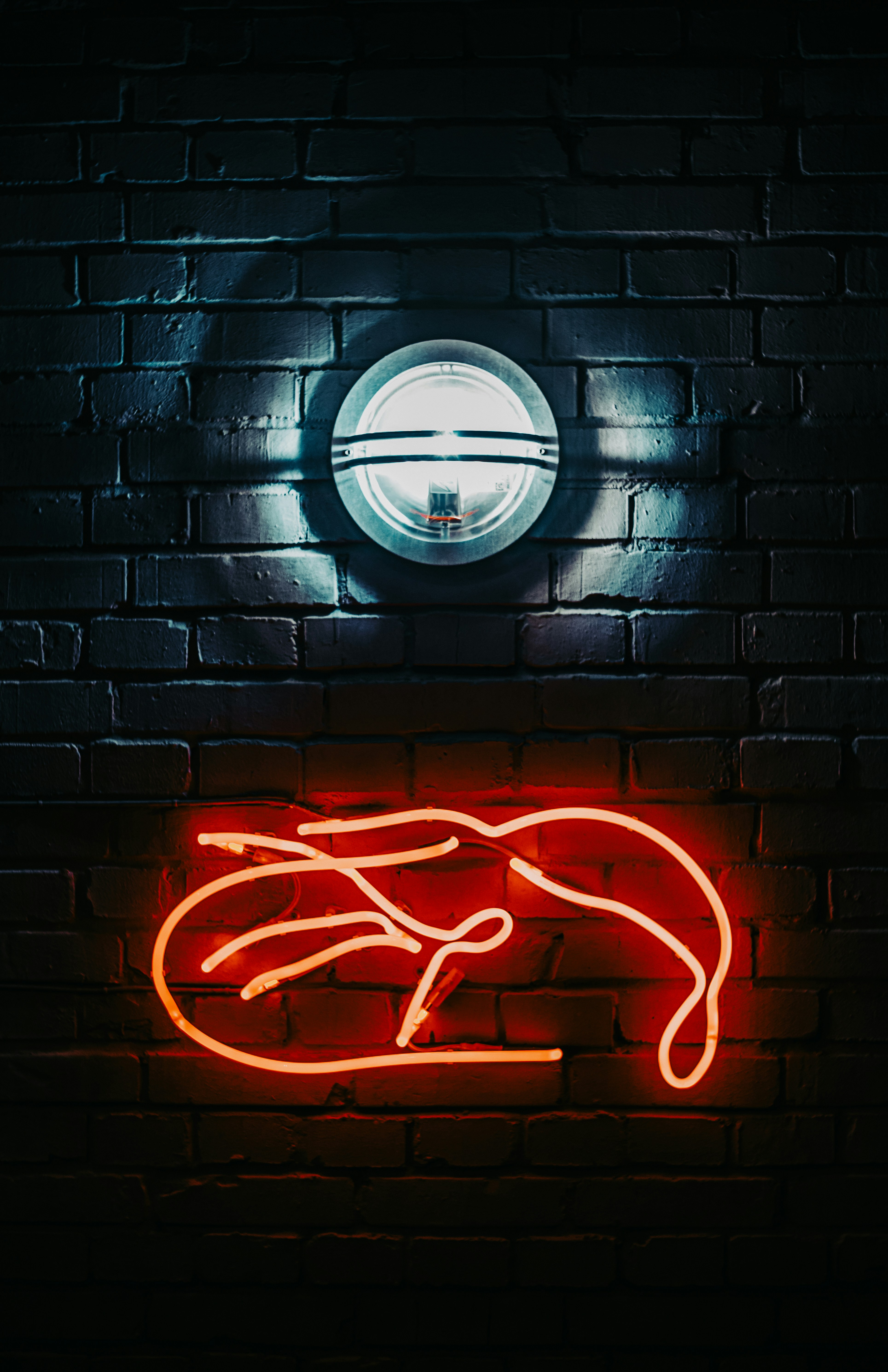 A vibrant neon sign depicting a figure in a relaxed pose against a textured brick wall, illuminated by a circular light fixture above. The contrast emphasizes the artwork's playful nature.