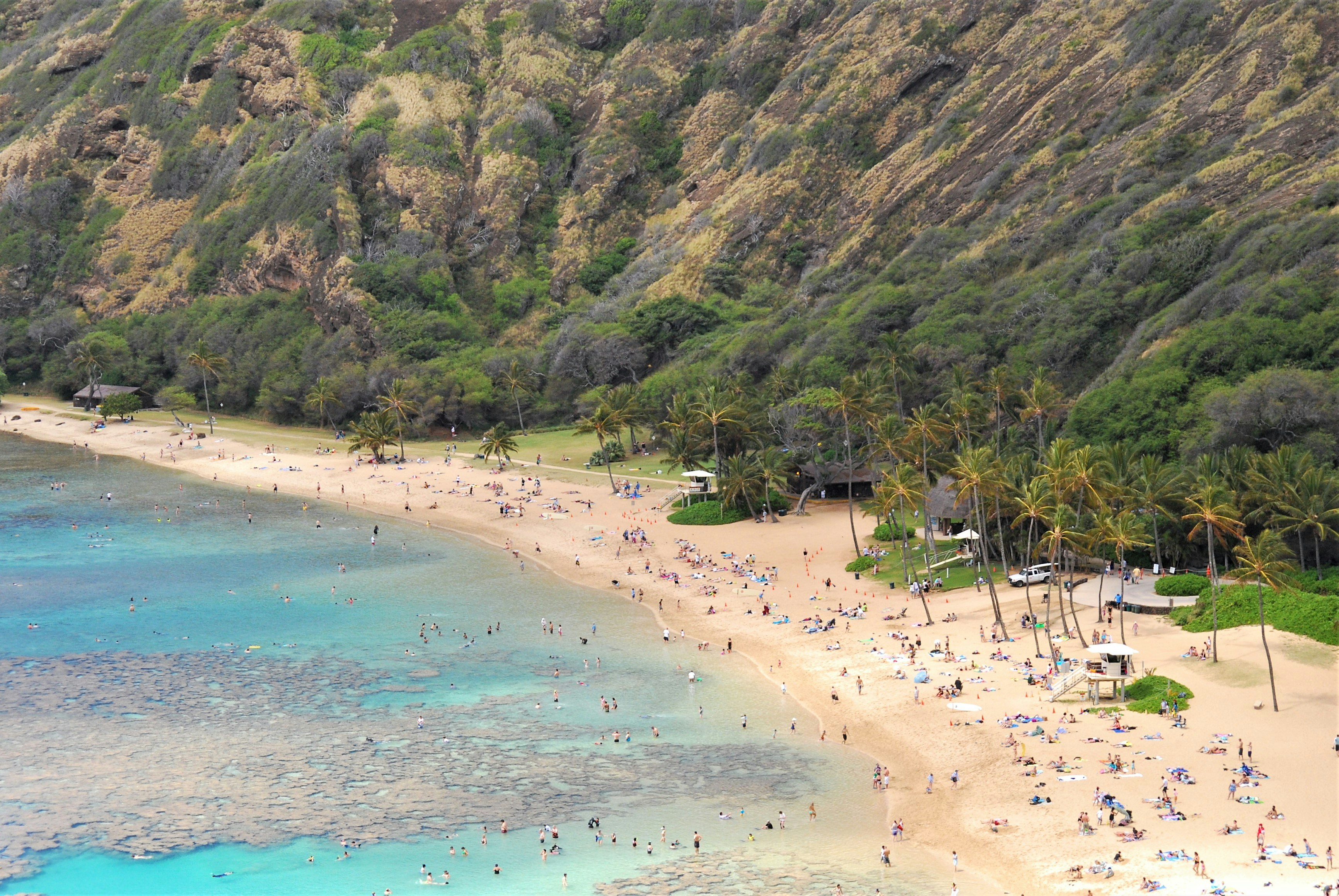 Vibrant beach scene with sunbathers and crystal-clear waters, framed by lush greenery and rocky cliffs.