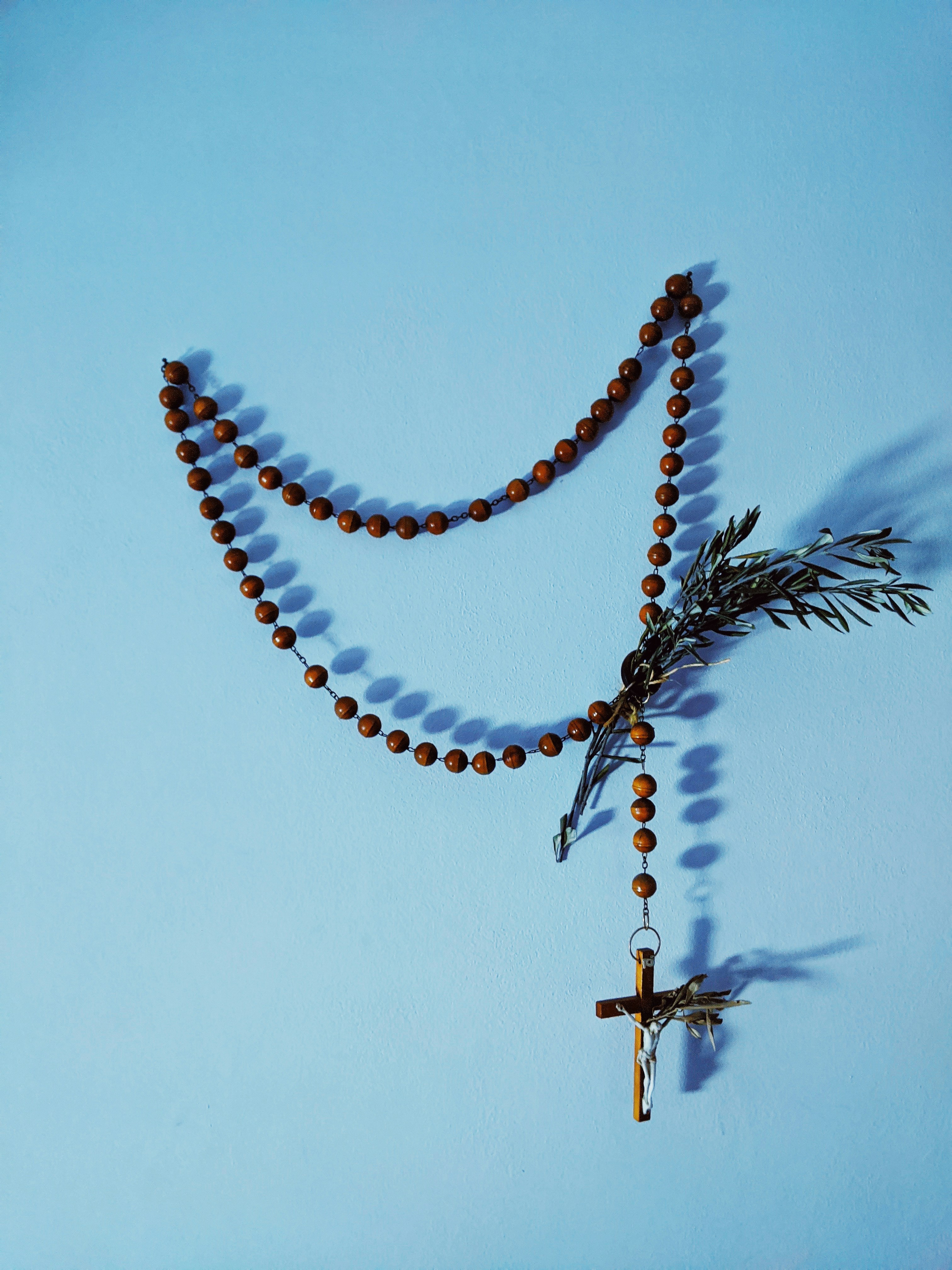 Wooden rosary beads draped against a soft blue background, intertwined with a sprig of greenery and a small cross at the bottom.