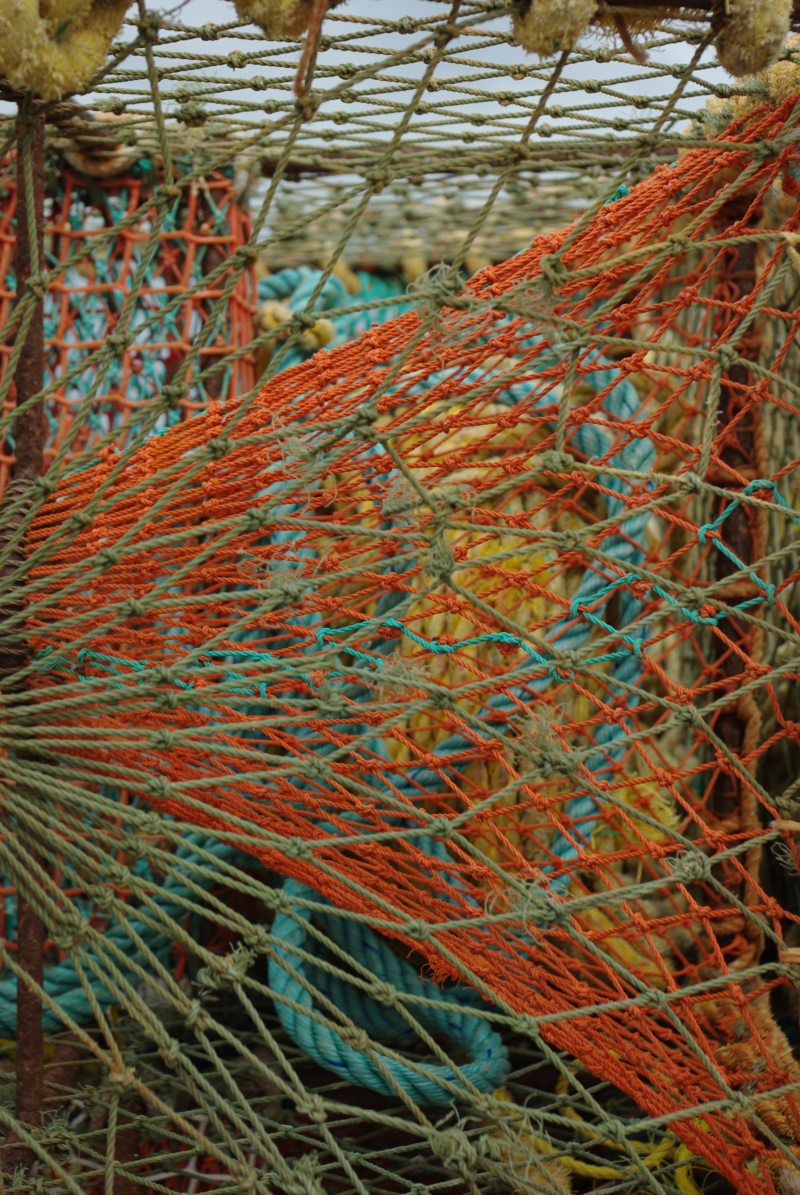 Intricate arrangement of fishing nets and ropes in vibrant colors, showcasing the artistry of marine equipment. The textures and patterns create a visually engaging composition.