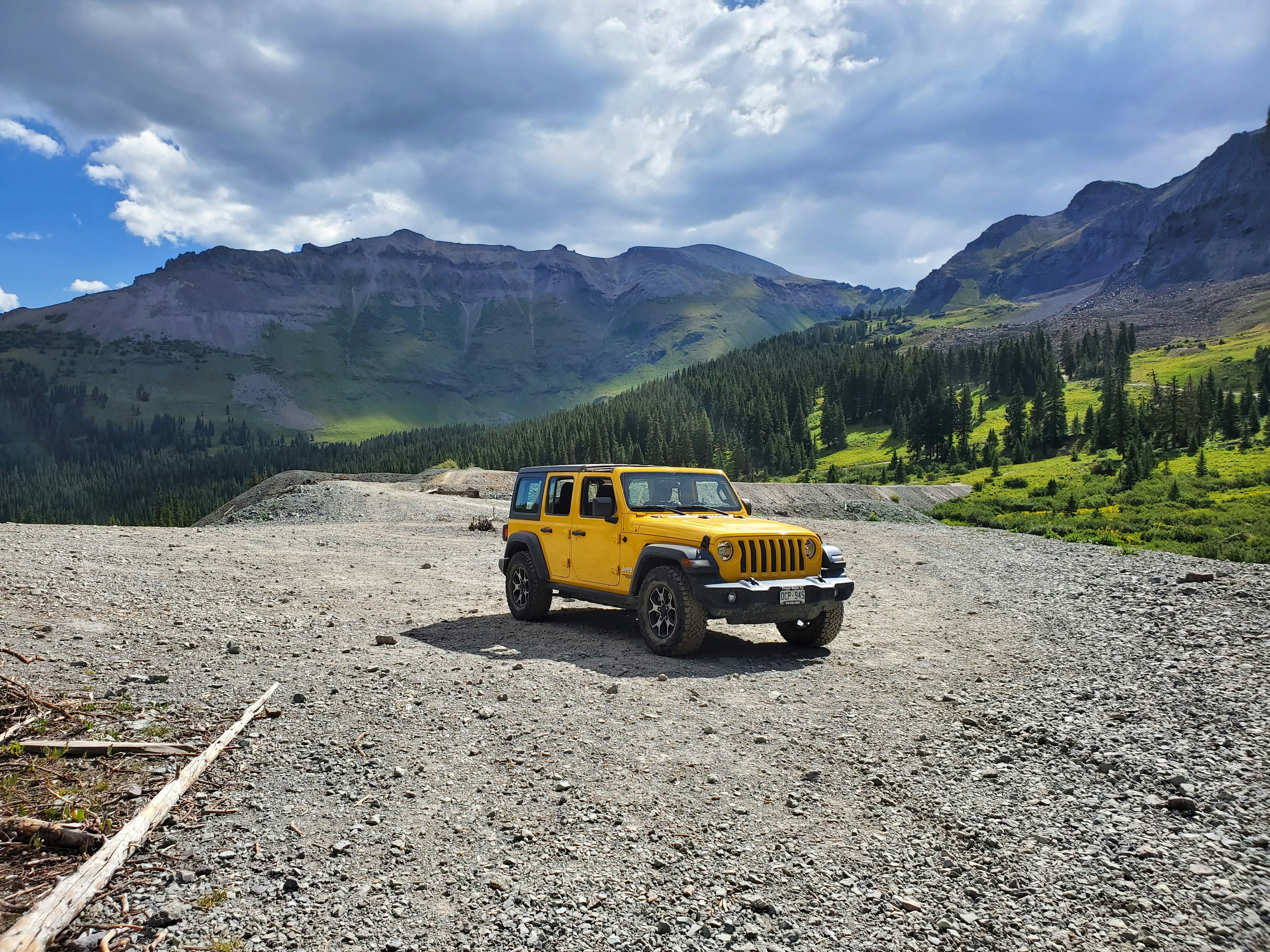 yellow and black jeep wrangler on dirt road near green trees during daytime