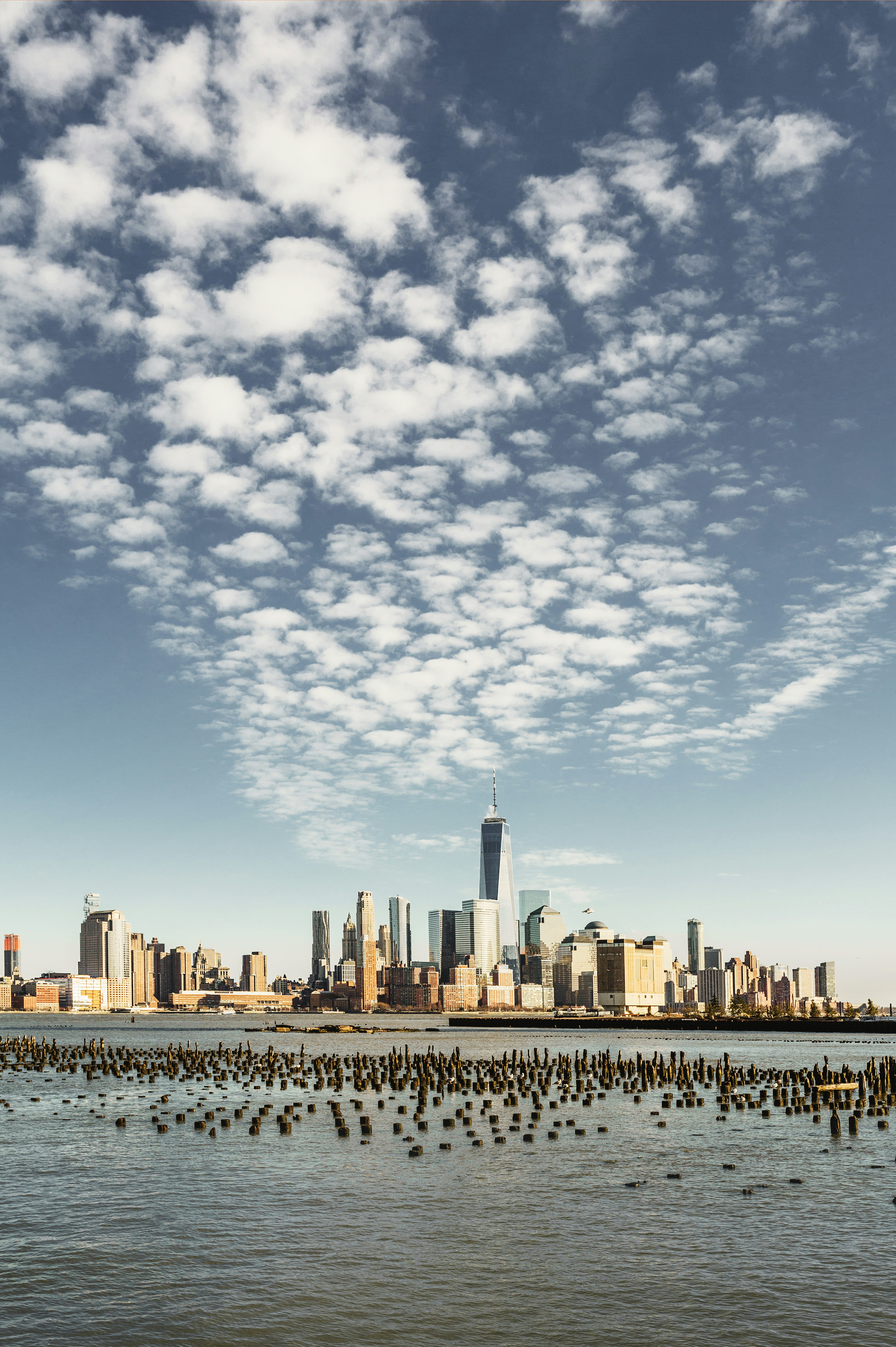 Spire Above the Harbor: NYC Skyline Framed by a Sea of Pilings