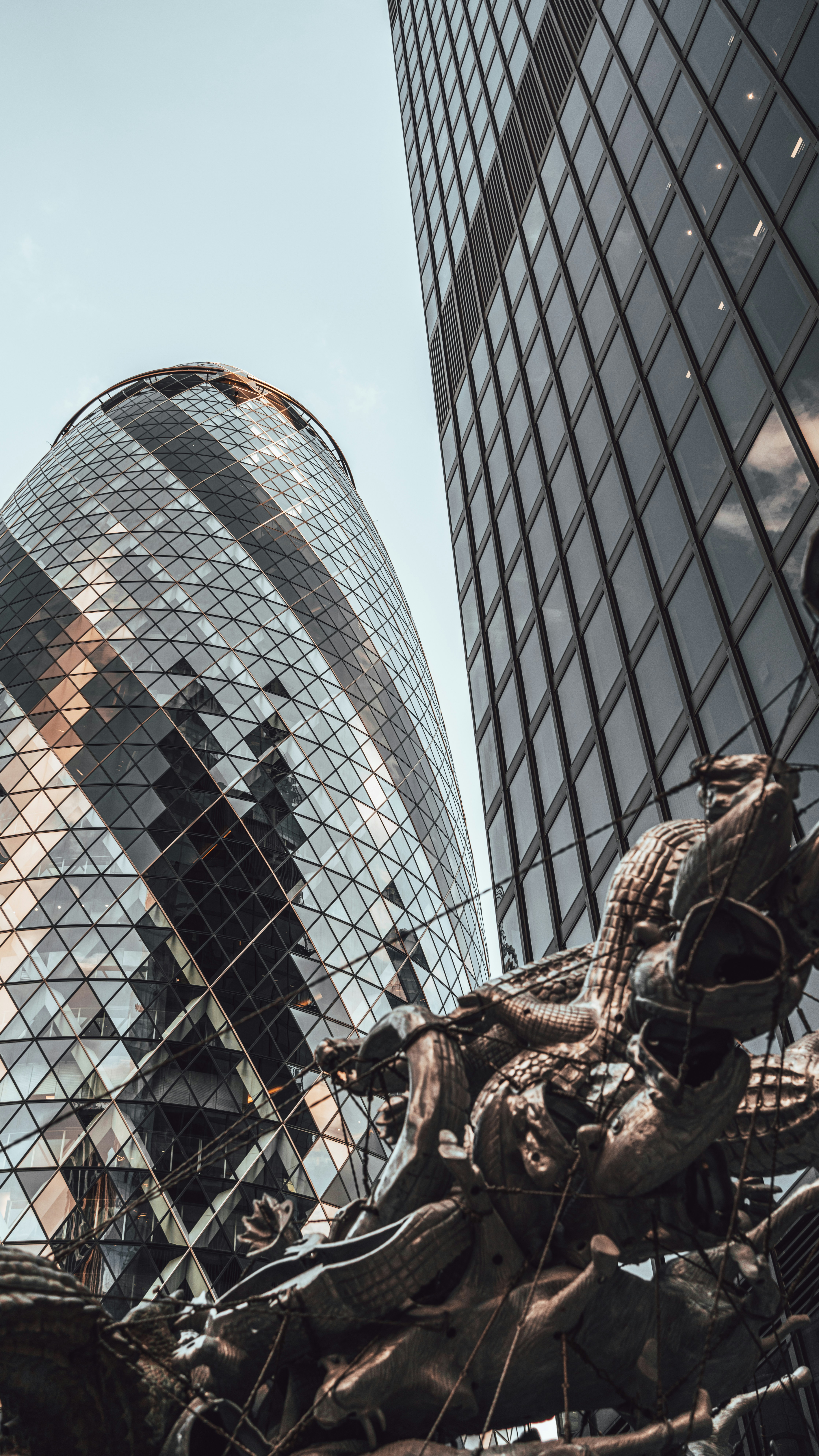 Skewed Glass and Dragon Crest: A Cityscape in Sinuous Reflection