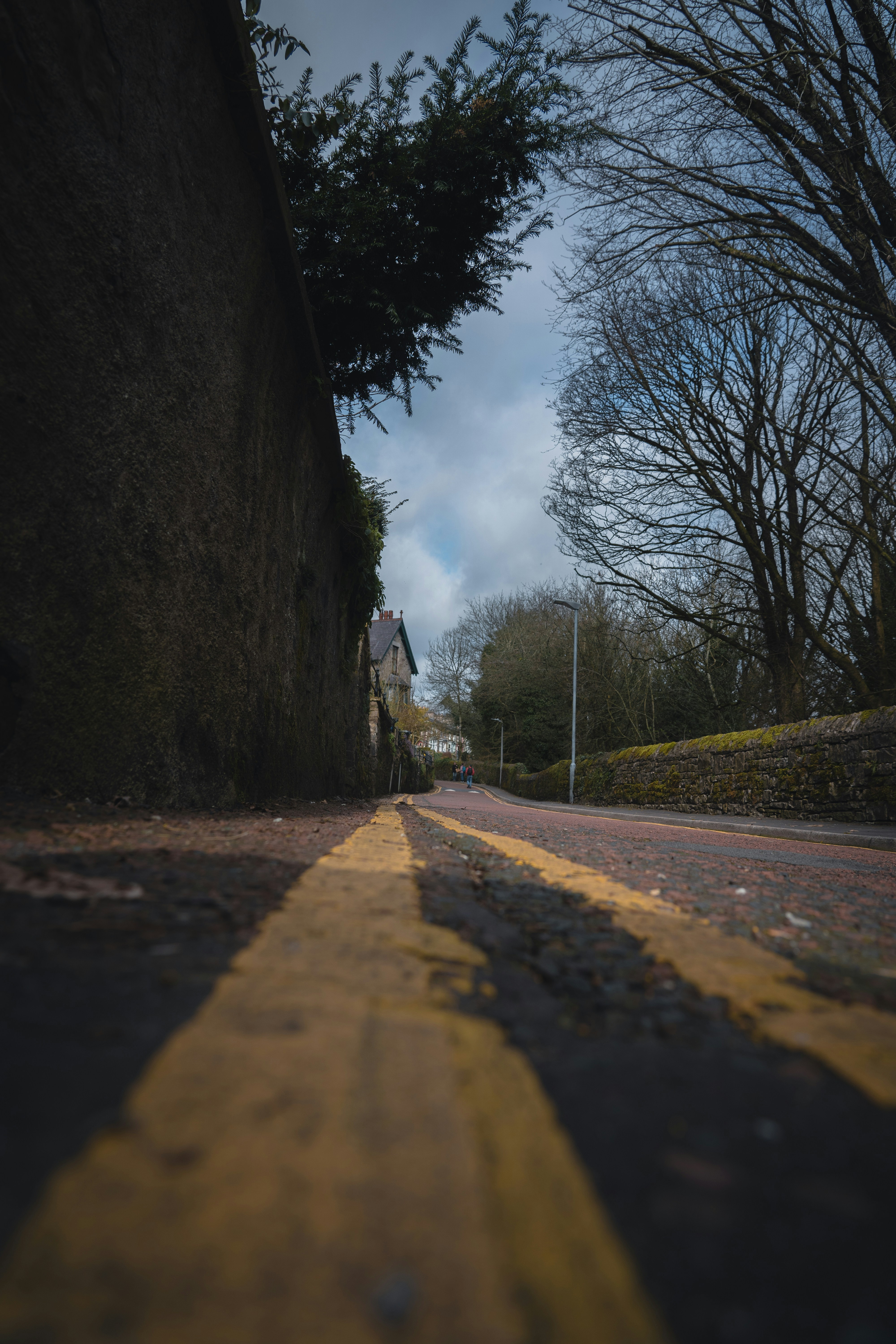 Low-Angle Road: Double Yellow Lines Recede Toward a Quiet Village Street