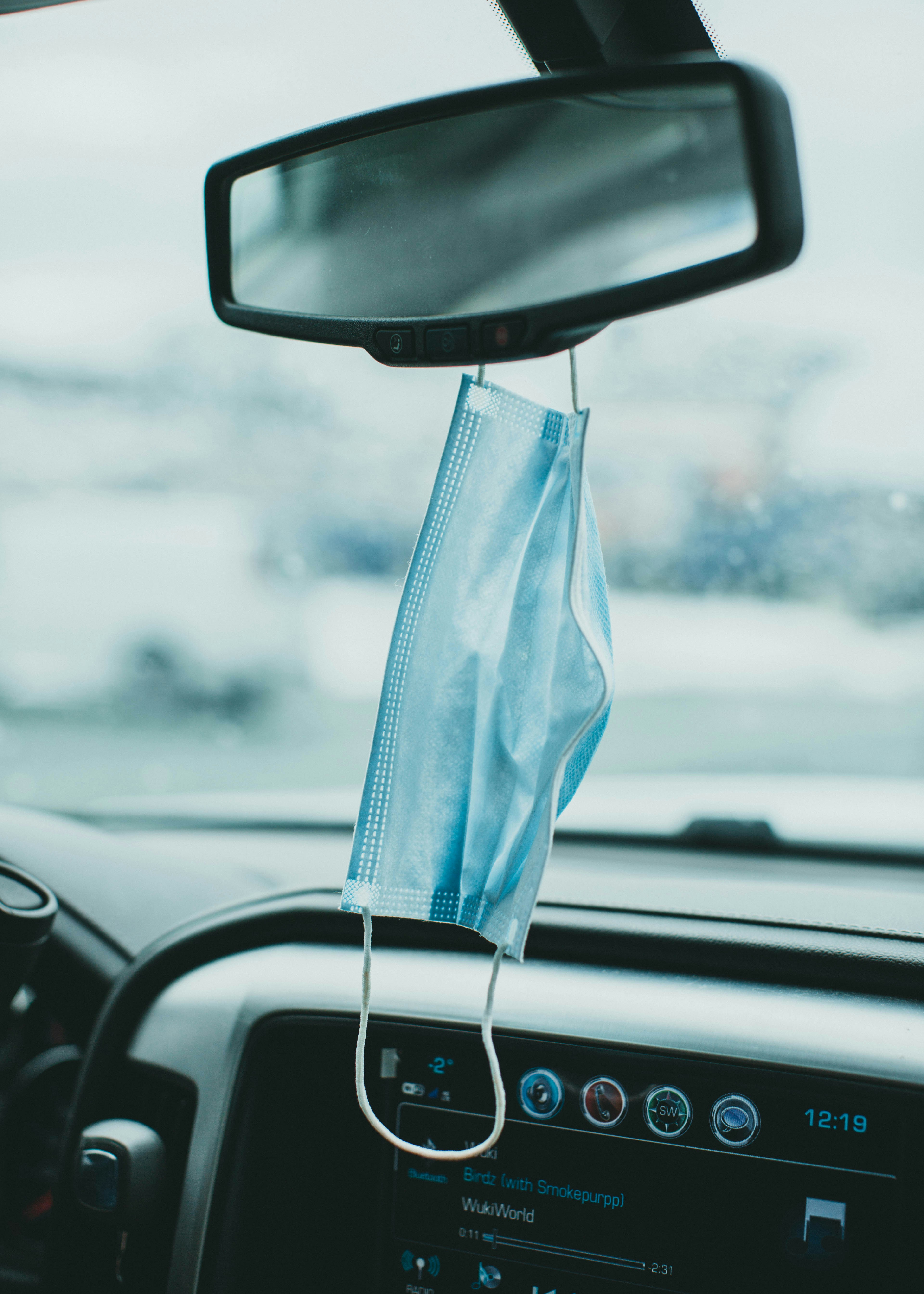 Blue Mask in Transit: A Quiet Car Interior Moment