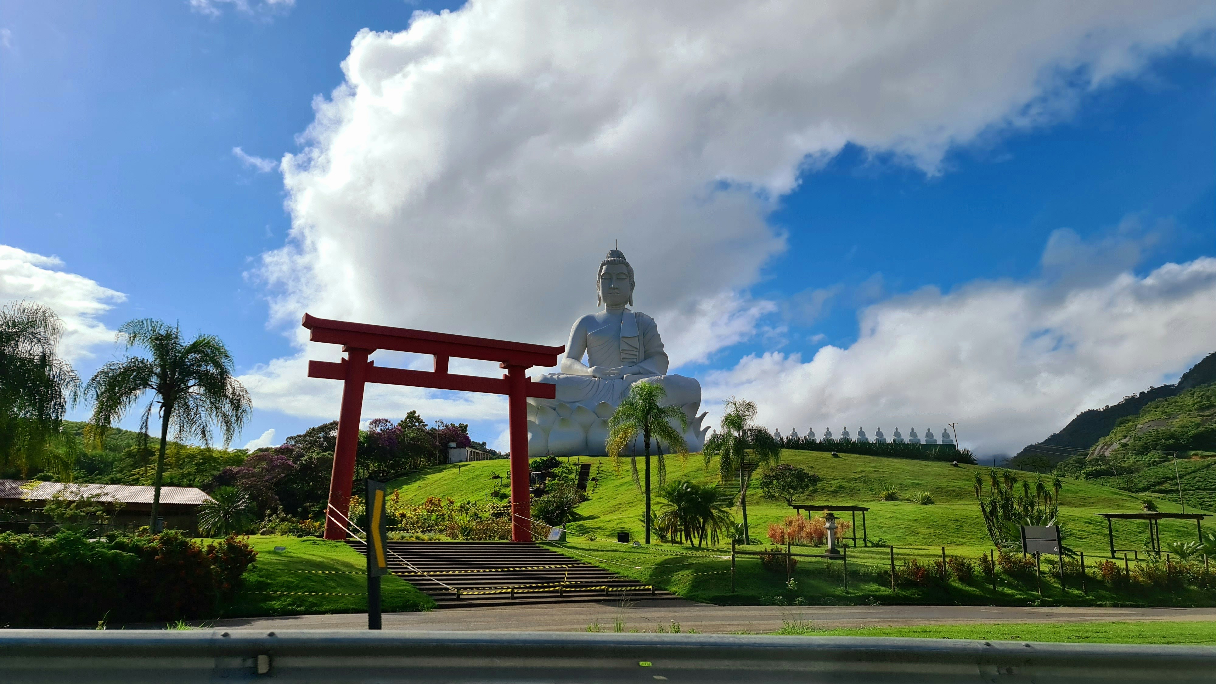 Giant Buddha statue behind a red torii gate on a lush hillside under a bright, blue sky.